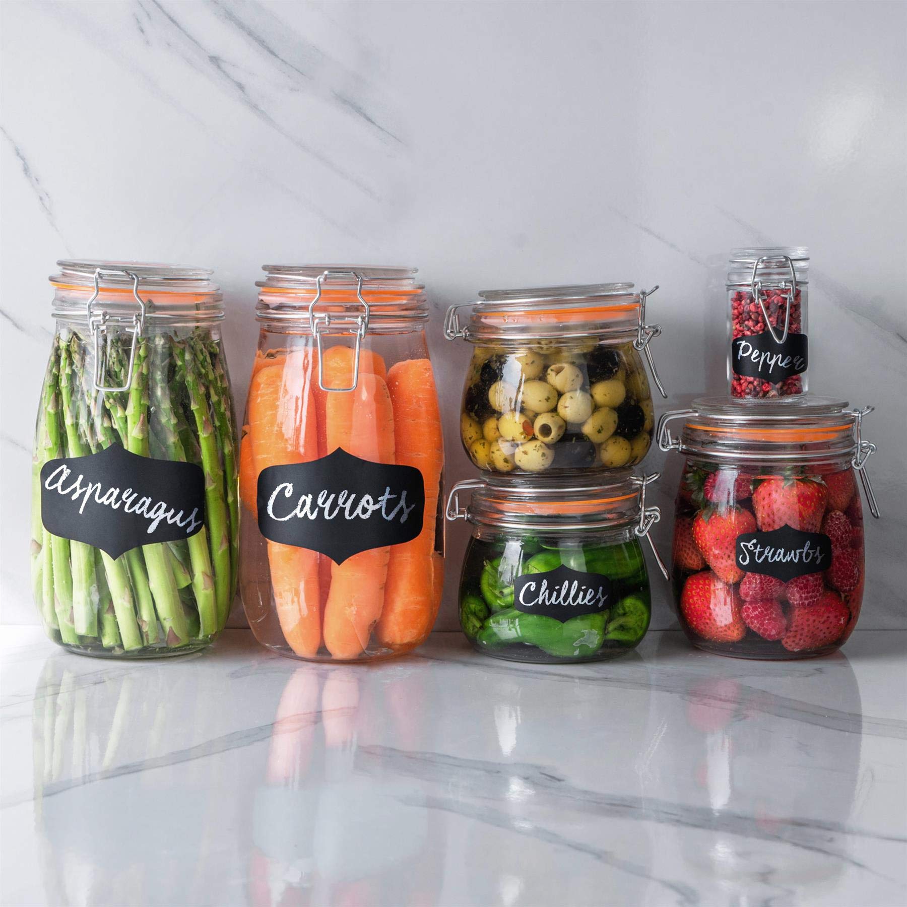 Argon Tableware 6X 1000ml (1 Litre) Clear Glass Storage Jars with Orange Airtight Silicone Seal and Metal Clip Lids - 33.8oz Large Empty Kitchen Jar Container