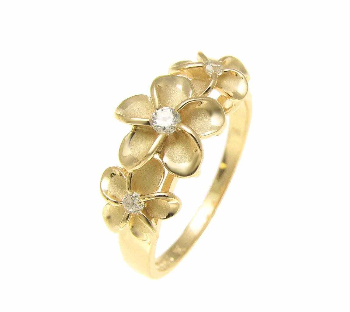 Arthur's Jewelry Yellow gold plated sterling silver 925 Hawaiian 3 cz plumeria flower ring size 9