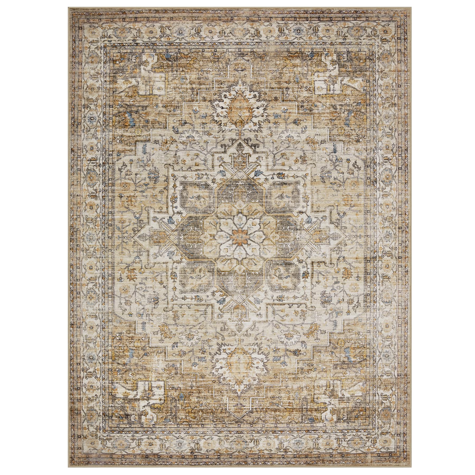 Area Rug 9x12 Living Room: Soft Large Washable Rugs with Non-Slip Rubber Backing Stain Resistant Modern Indoor Boho Vintage Carpet for Bedroom Dining Nursery Room Home Office (Beige/Brown)