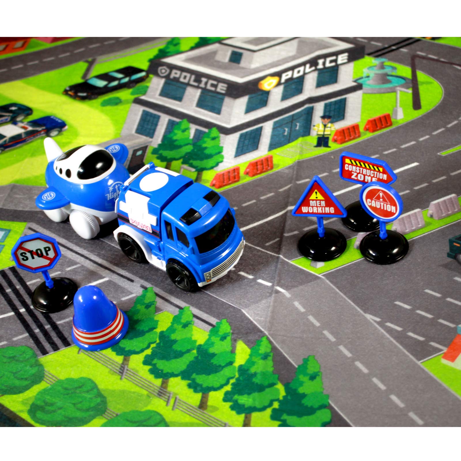 Kidplokio 8pc City Transport Playmat Set Friction Power Police Cars Boys 3 and Up