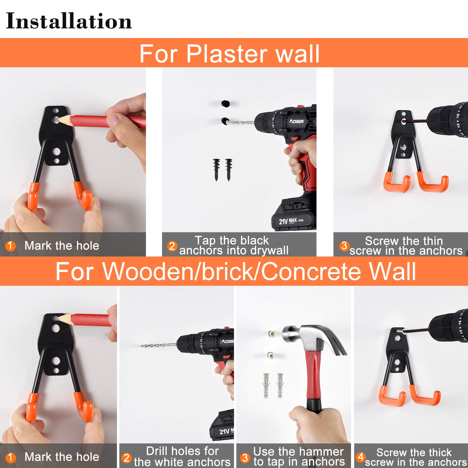AOBEN Garage Hooks,24Pack Heavy Duty Garage Hanger Organizer Anti-Slip Double Wall Garage Storage Hooks for Ladder, Power Tool,Bike,Ropes (23 Hooks & 1 hoder Strap)-Orange