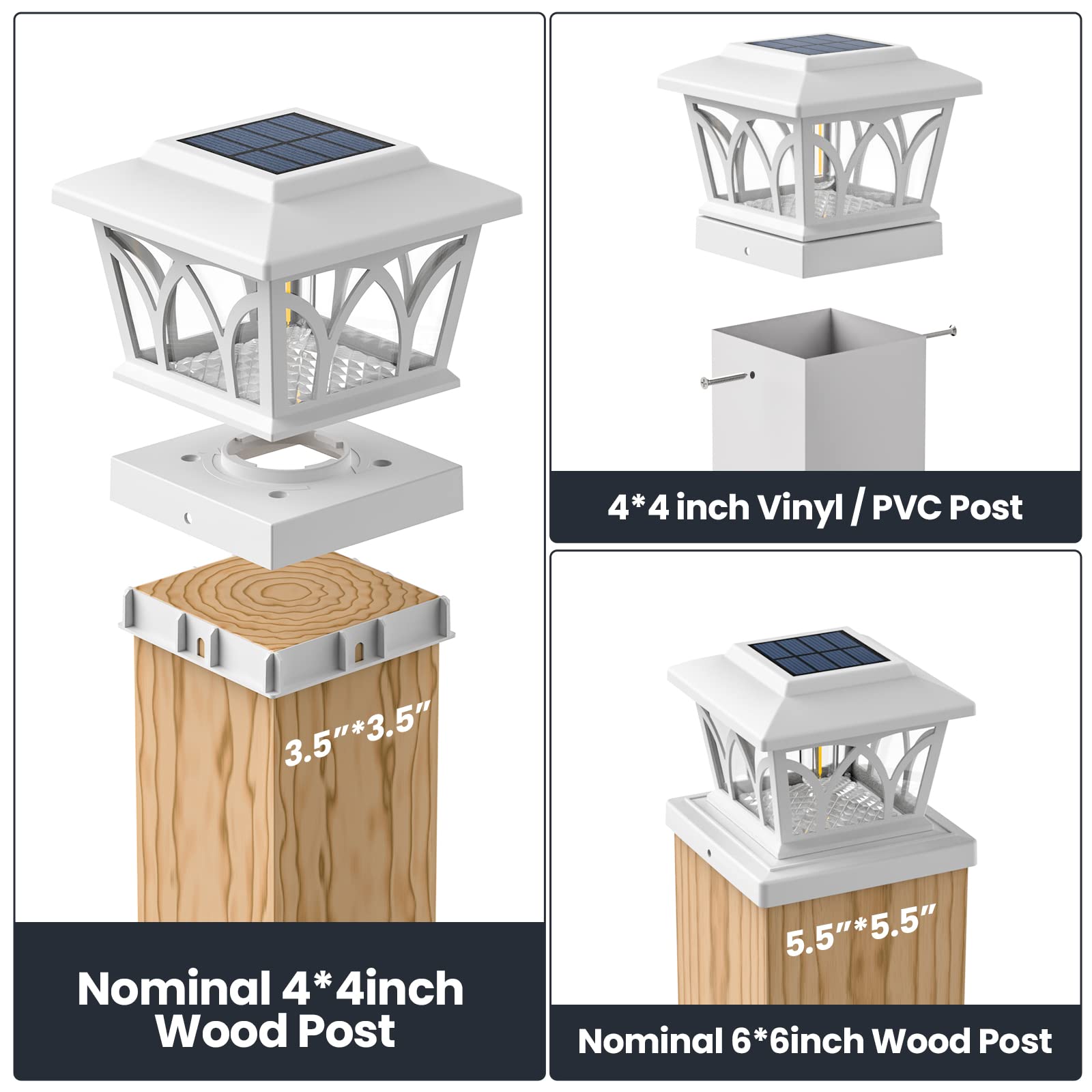 APONUO Solar Post Cap Lights Filament 1000mAh,4x4 Post Solar Lights 2 Brightness Levels 8/16LM Waterproof Solar Fence Post Lights for 4x4,6x6 Posts Caps Wood,4x4 Vinly Post Caps,White,4 Pack