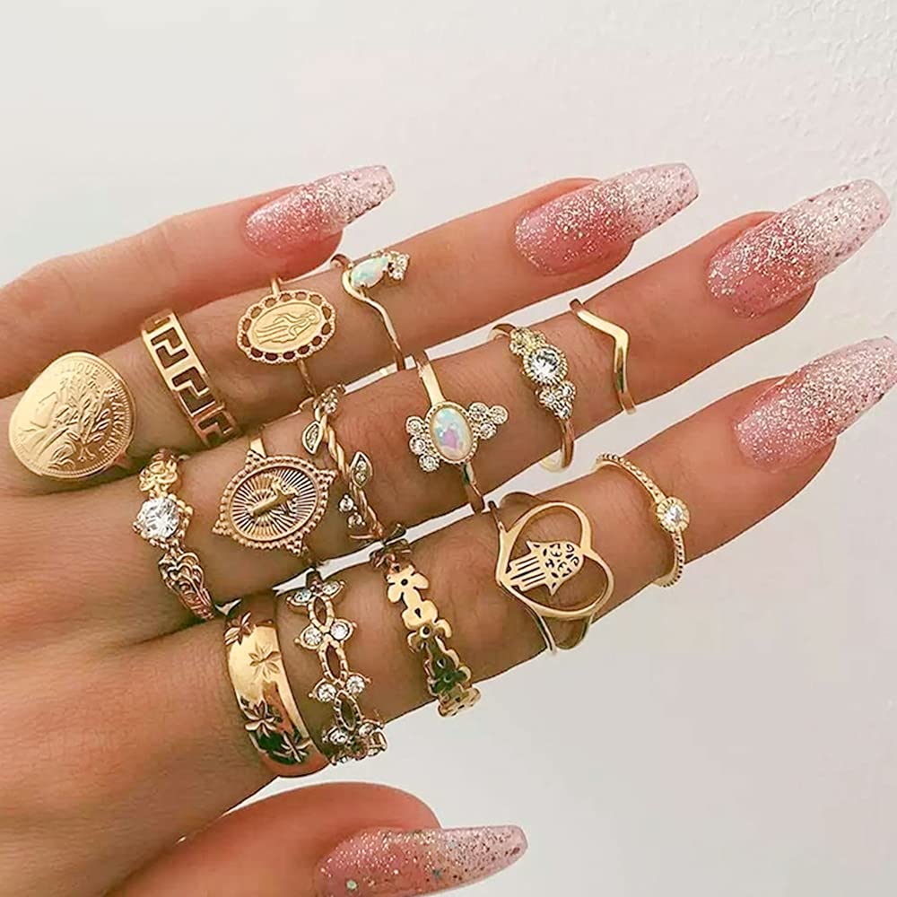 AWEOFR 59PCS Knuckle Rings Set for Womens Girls,Boho Stackable Midi Finger Ring Set,Stars Moon Waves Mountain Peaks Crystal Turquoise Gold&Silver Joint Rings (Gold-59pcs)
