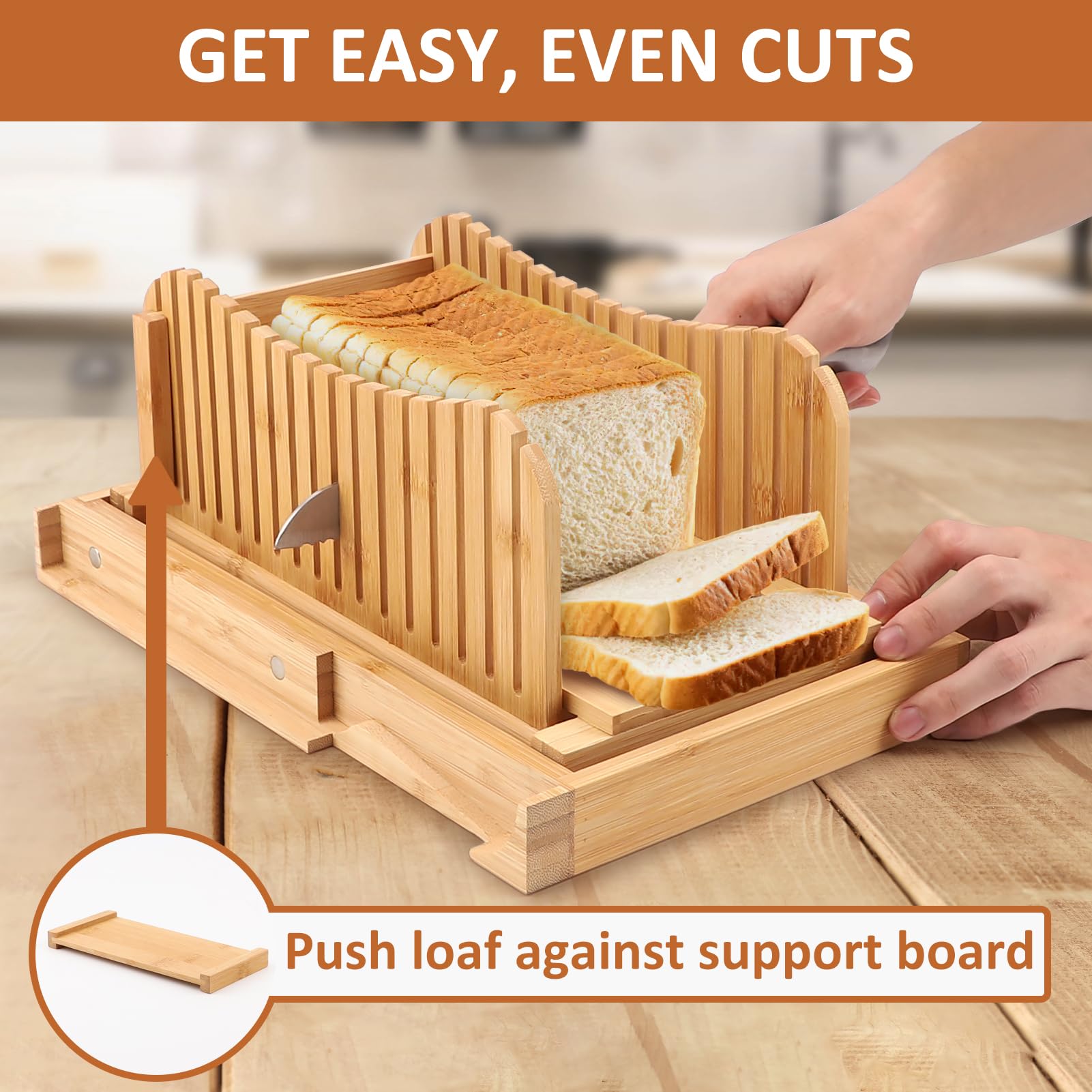 Bamboo Bread Slicer with Bread Knife for Homemade Bread, 3 Slice Thickness, Foldable Compact Cutting Guide with Crumb Tray and Stainless Steel Knife, Easy to cutting Bagels, Cakes,Sourdough Bread