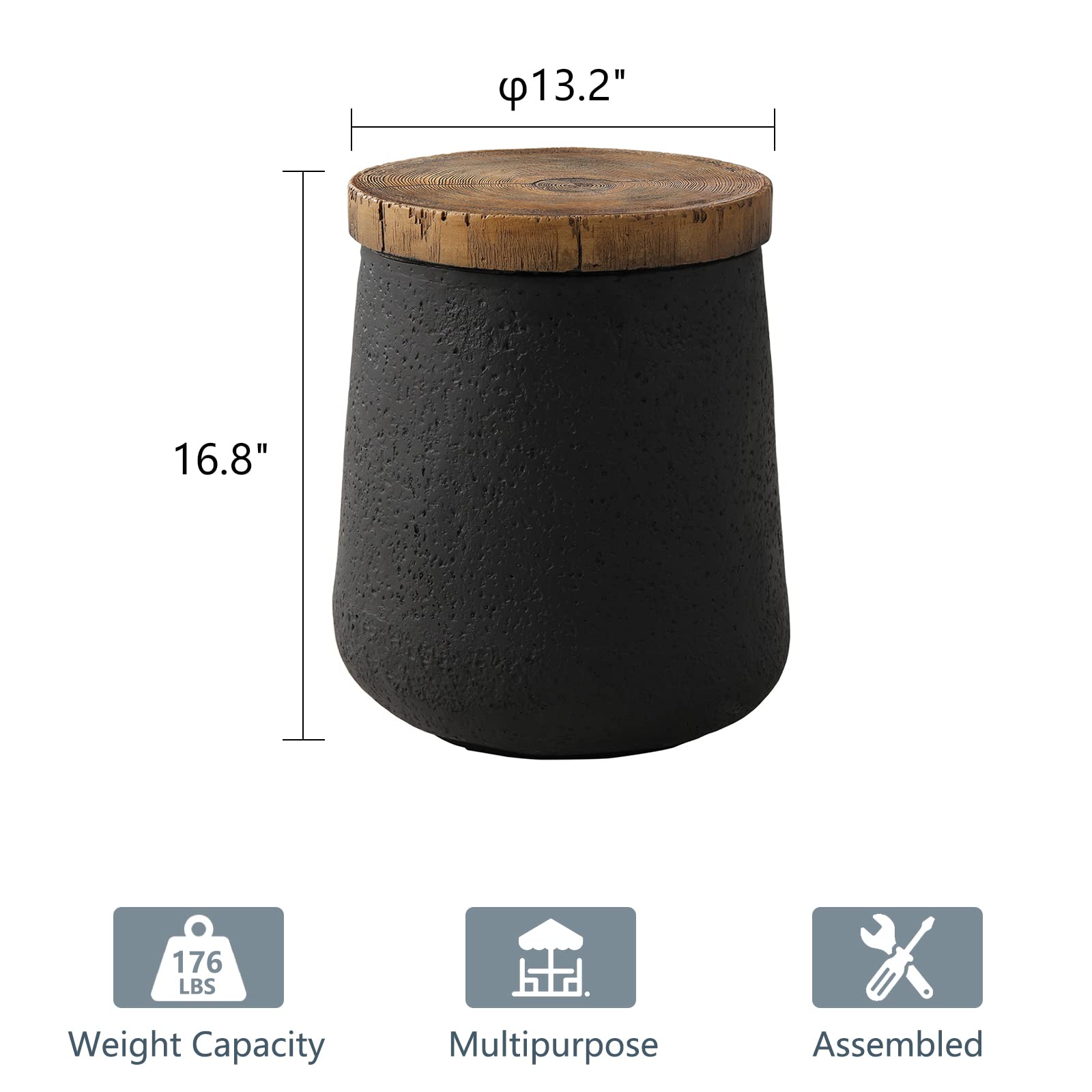 COSIEST 2 Pieces Outdoor Side Table, Set of 2 Drum End Table, Cylinder Shaped Concrete Side Table Faux-Wood Top, Black Outdoor Accent Table with Tree Trunk Slice Hand Painted, Accent Stool