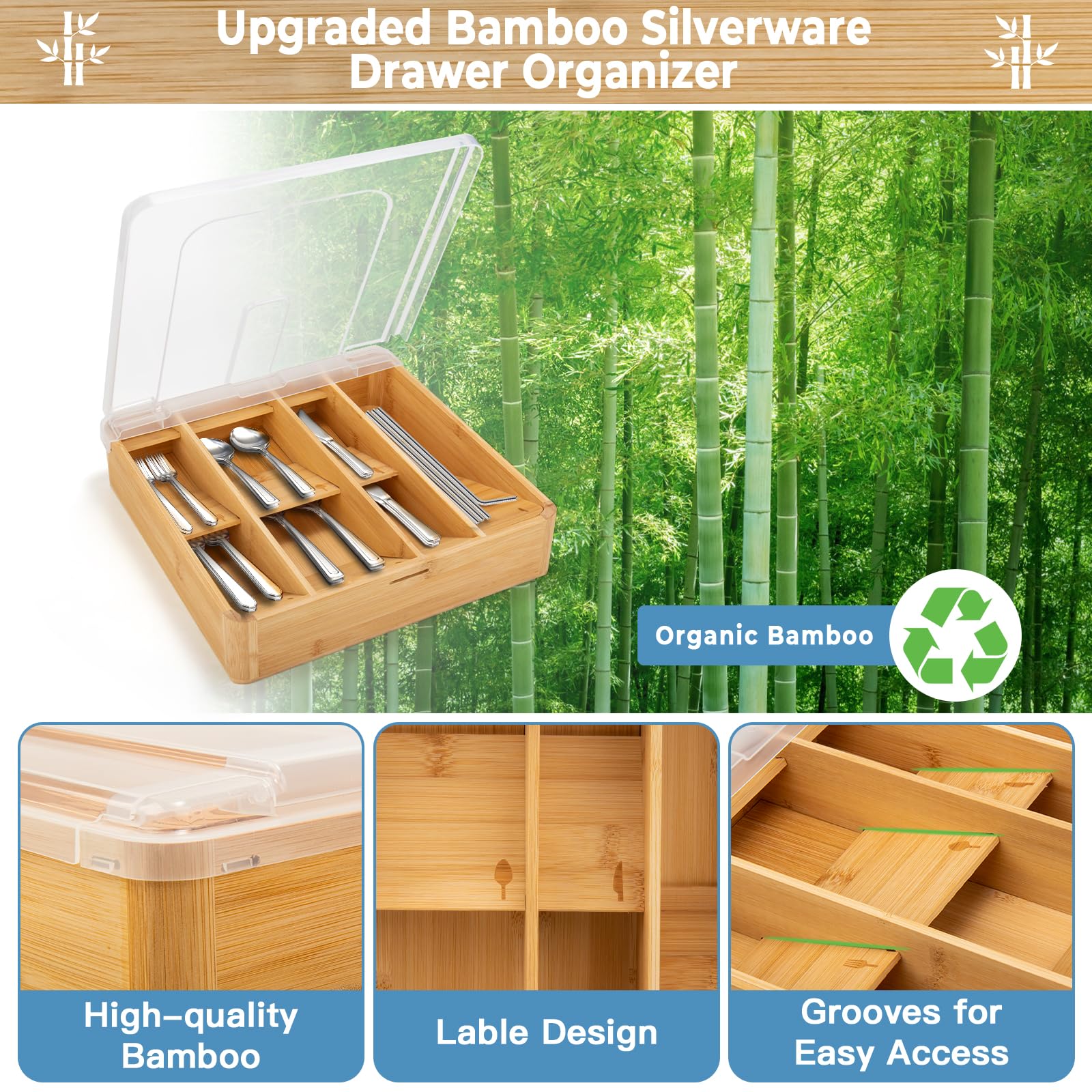 YICOCHI Utensil Holder for Countertop with Lid, Bamboo Silverware Tray for Drawer, 7 Compartments Flatware Organizer with Labels