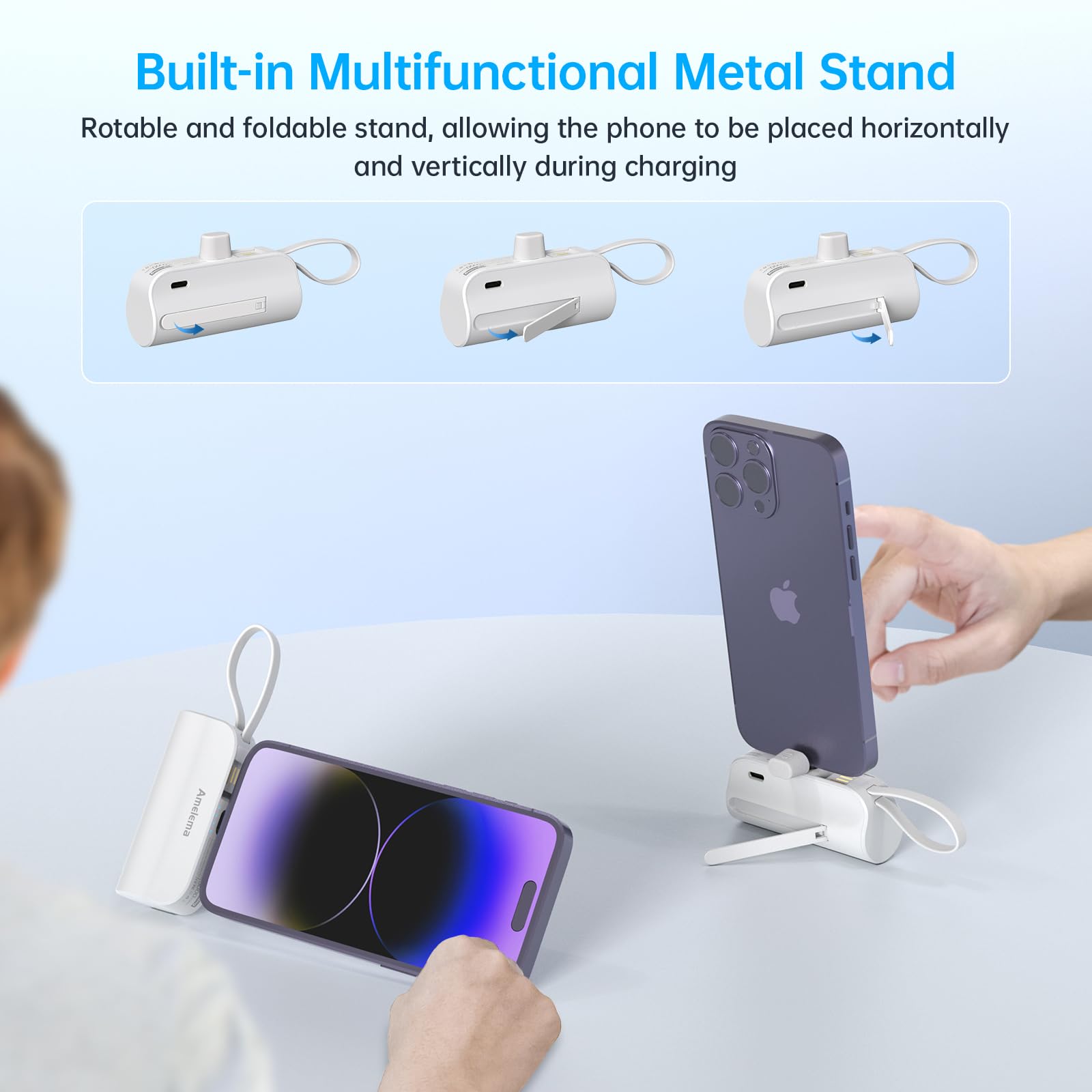 amelema Small Portable Charger for iPhone, 5000mAh Power Bank Fast Charging Portable Phone Charger Compact Battery Pack Compatible with iPhone 14/14 Pro Max/13/12/11/X/8/7/6, White