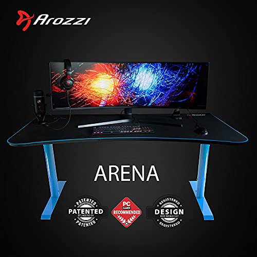 Arozzi Arena Ultrawide Curved Gaming and Office Desk with Full Surface Water Resistant Desk Mat Custom Monitor Mount Cable Management Cut Outs Under The Desk Cable Management Netting - Blue