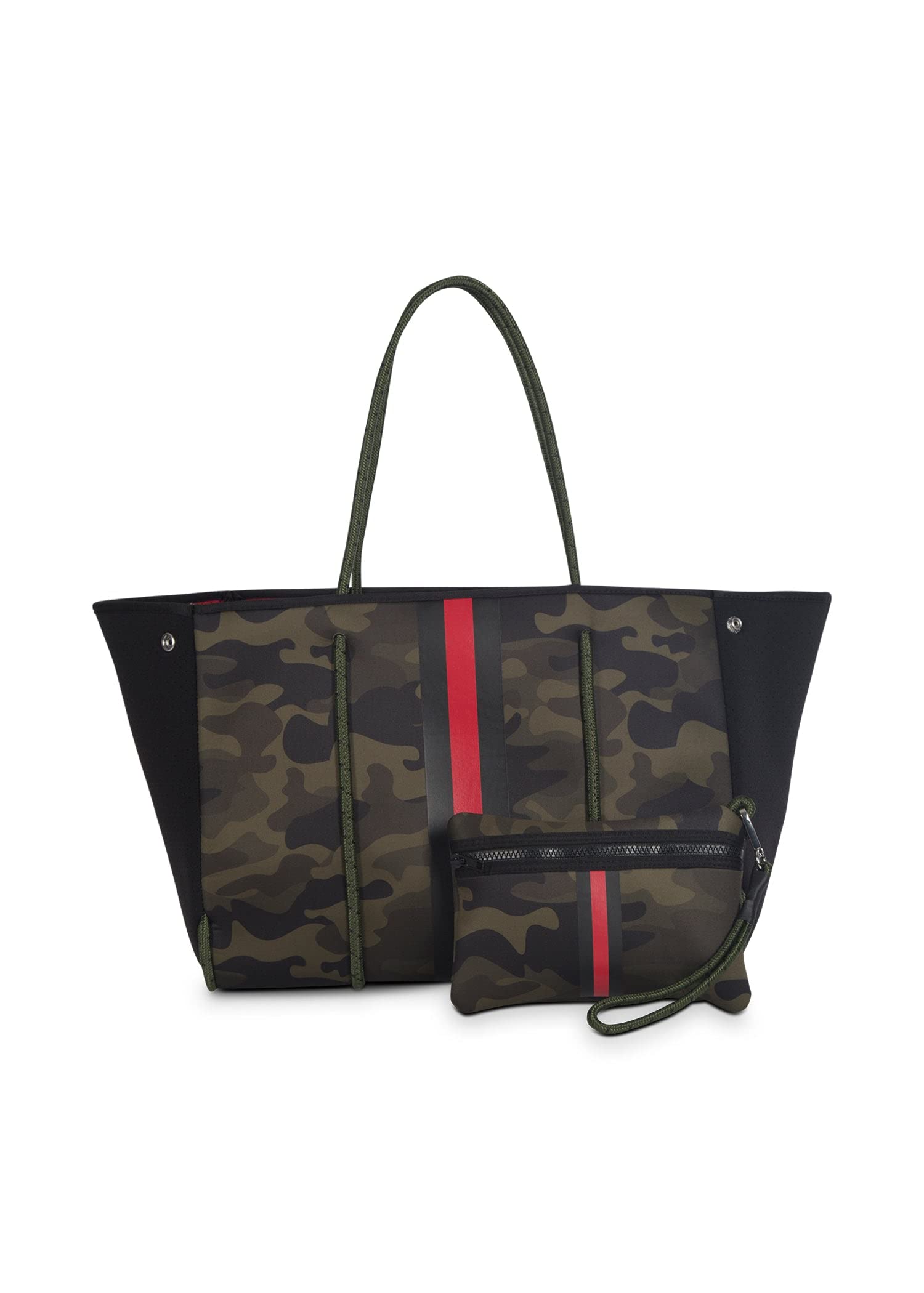 Haute Shore - Greyson Brat2 Neoprene Tote Bag w/Zipper Wristlet Inside (Greyson, Camo Gren w/Black & Red Stripe)