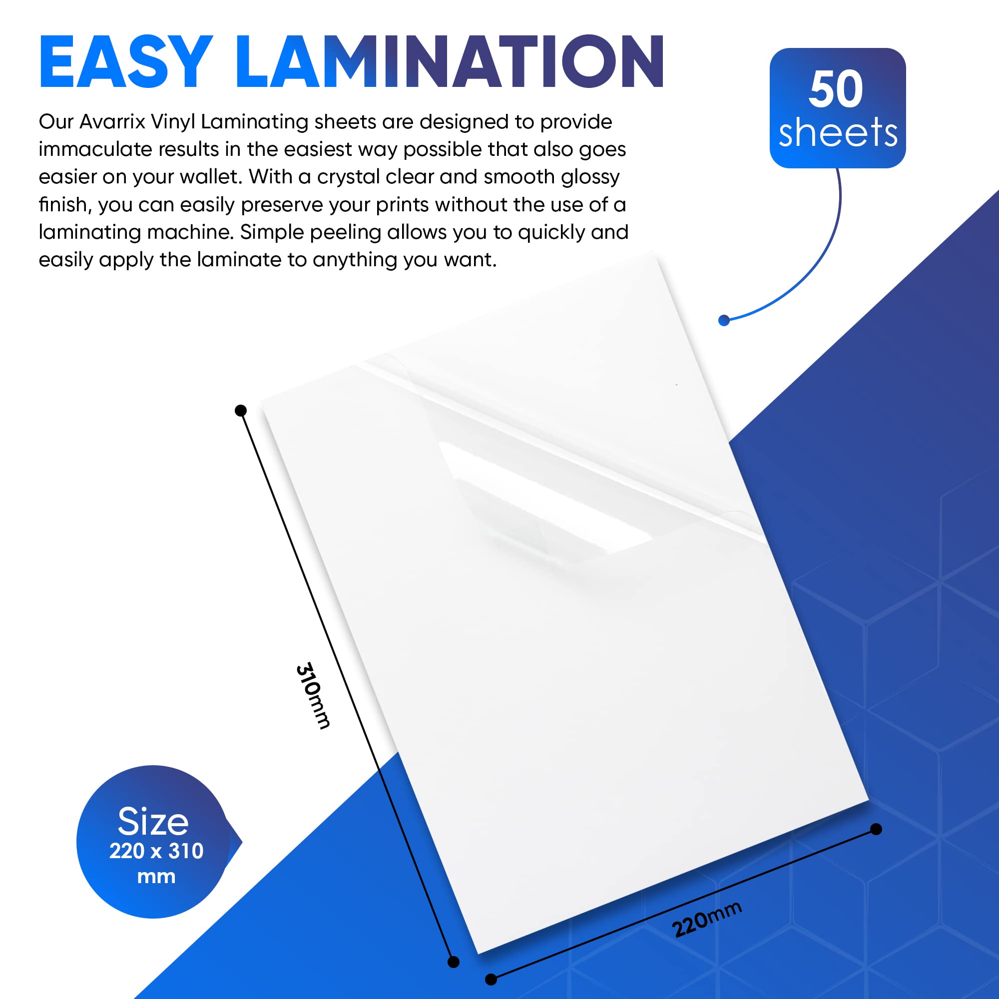 Avarrix Australia Self Adhesive Laminate Sheets for Stickers, Waterproof Label Stickers, Protection for Printable Vinyl Stickers, Glossy, Tear Resistant, Ultra Strong Bond, Pack of 50, A4 Size