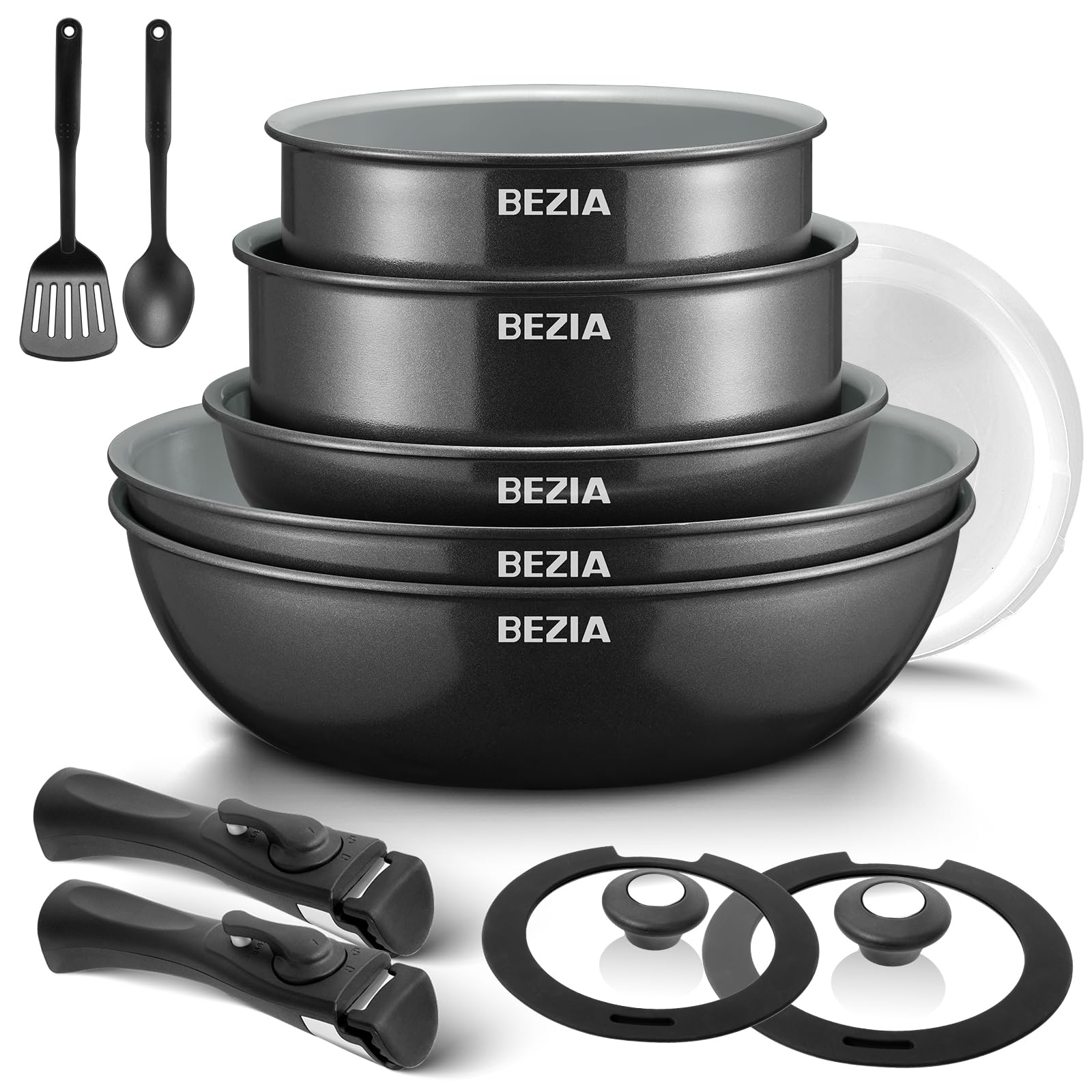 BEZIA Induction Cookware with Healthy Ceramic Coating, Nonstick Pots and Pans Set 13pcs with Detachable Handles, Induction RV Kitchen Set with Removable Handles, Oven Safe