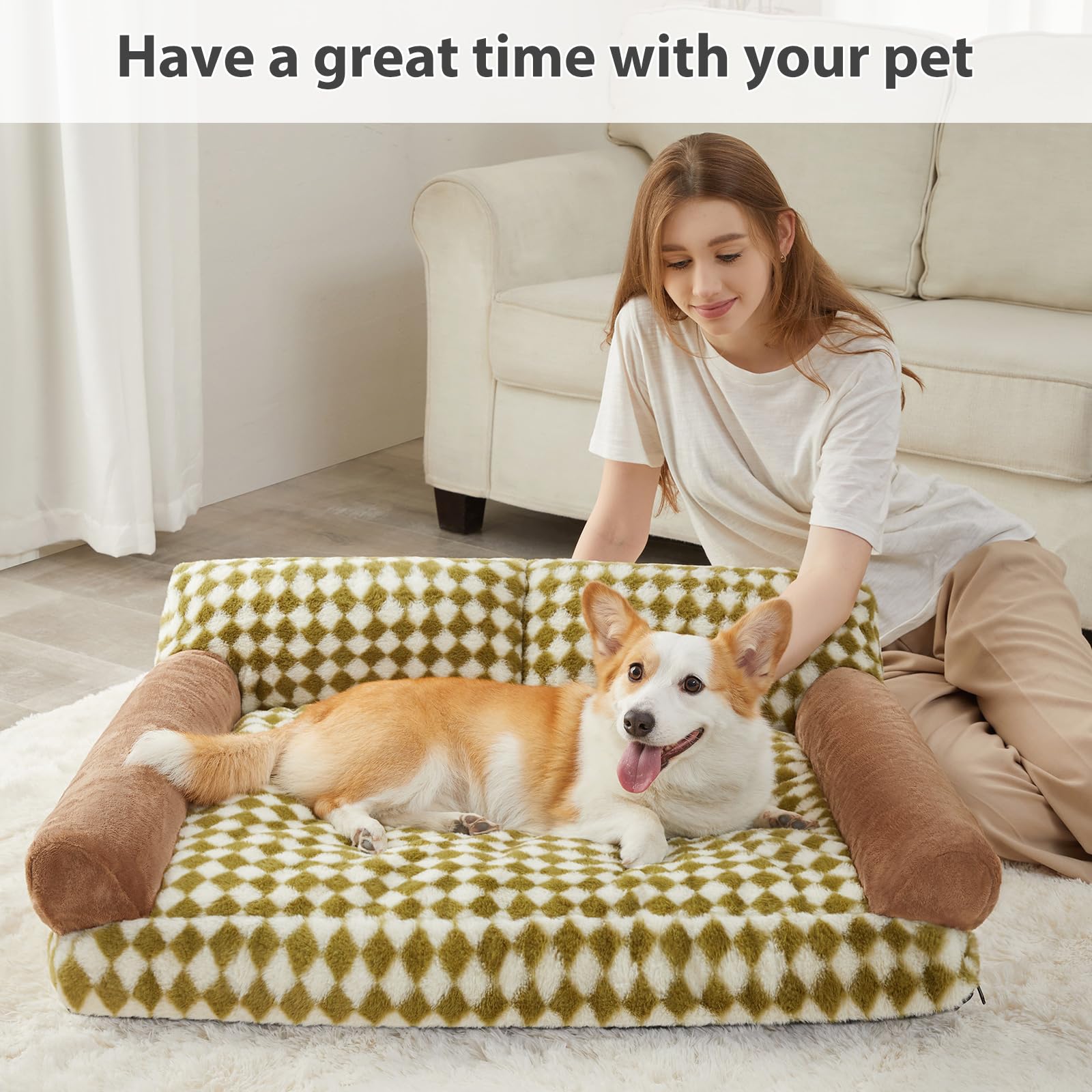BFPETHOME Cat Couch Bed & Dog Couch Bed, Pet Couch Bed for Small Pet, Cute Dog Sofa Bed, Cat Sofa & Pet Sofa with Non-Slip Bottom, Checkered Dog Bed with Washable Cover (Green&White)