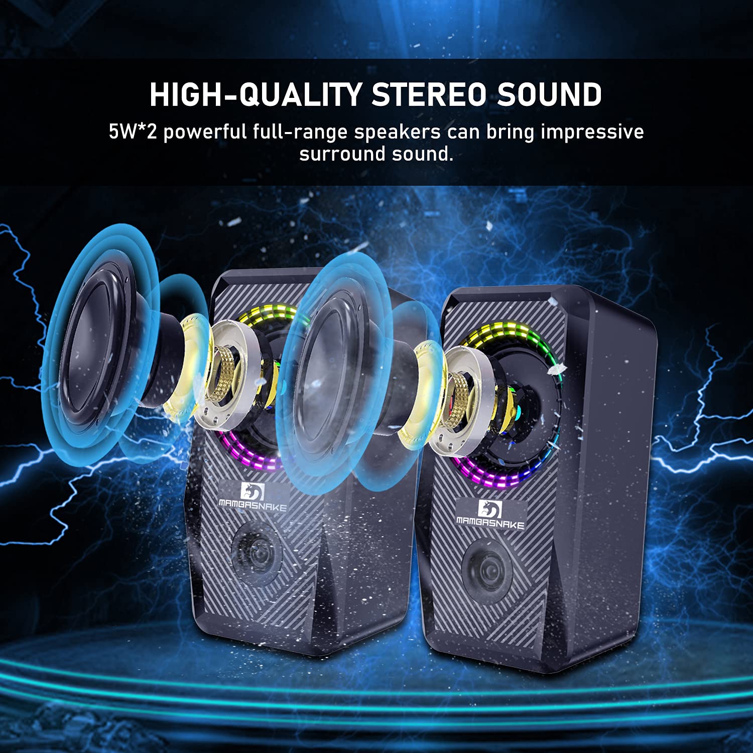 MANBASNAKE Computer Speakers RGB Gaming Speakers with 2.0 Wired USB Powered Stereo Volume Control,6 LED Modes,Dual Channel Multimedia AUX 3.5mm for PC Laptop Desktop Monitors(Black)