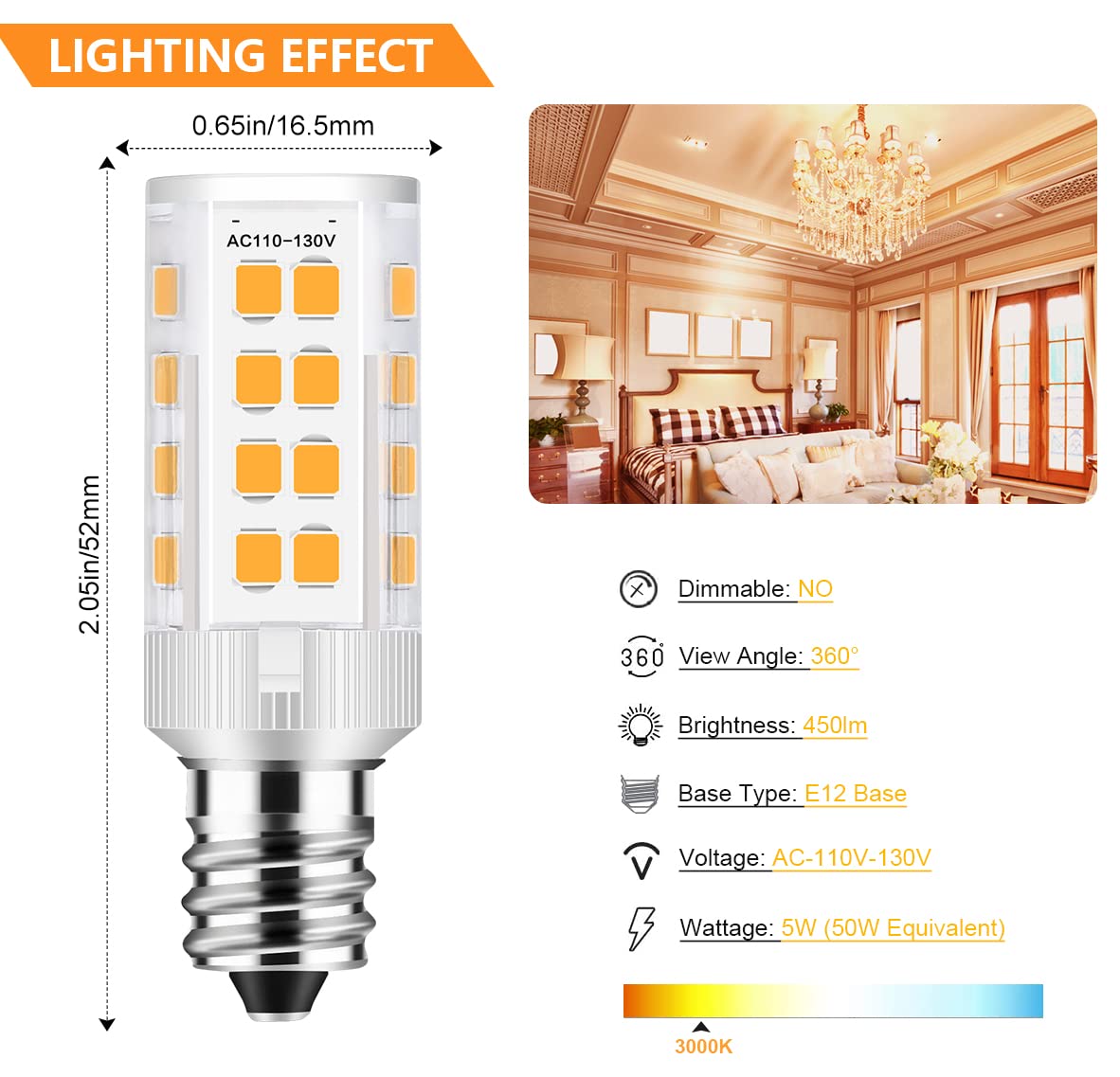 Amazing power E12 LED Bulbs, 5W LED Candelabra Bulbs 50W Equivalent Candelabra Base Light Bulb for Chandelier Lighting Warm White 6-Pack