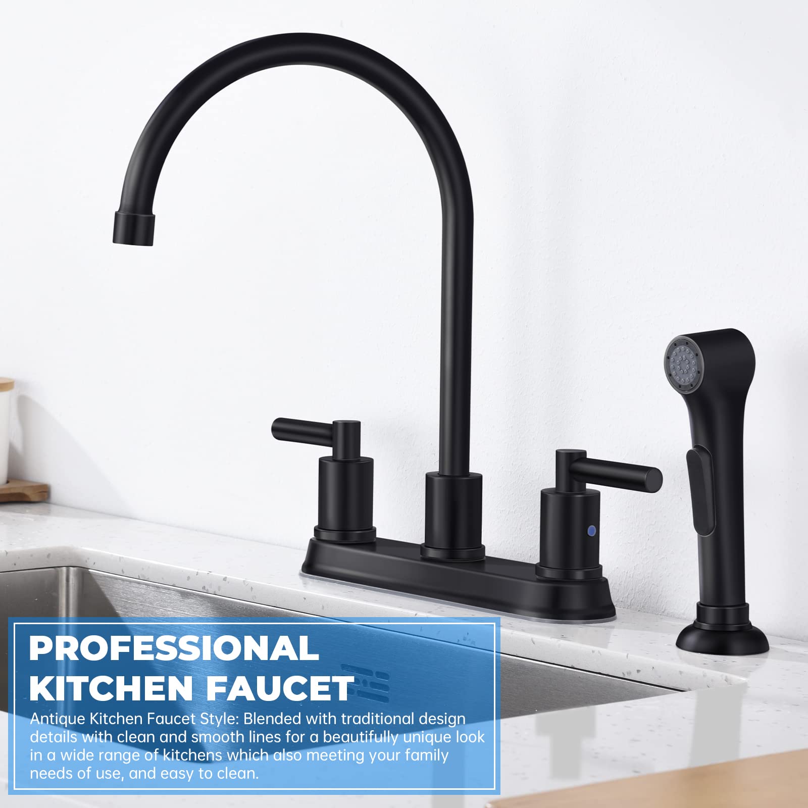 ARRISEA 8 inch Two Lever Kitchen Faucet with Pull Out Side Sprayer,Black Stainless Steel Two Handle Kitchen Sink Faucet,4 Hole Kitchen Faucets with Side Sprayer,Faucet for Kitchen Sink