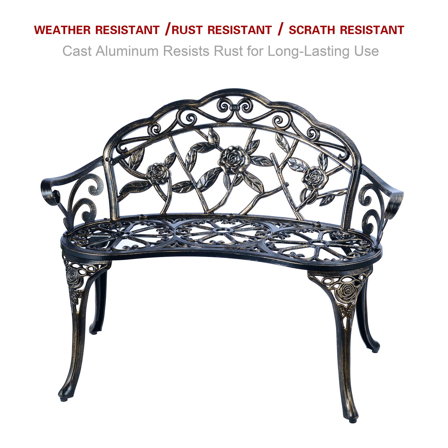 C/G Patio Balcony Bench Double Seat, Anti-Rust Cast Aluminum Patio Garden Bench for Park Yard Outdoor Furniture Copper
