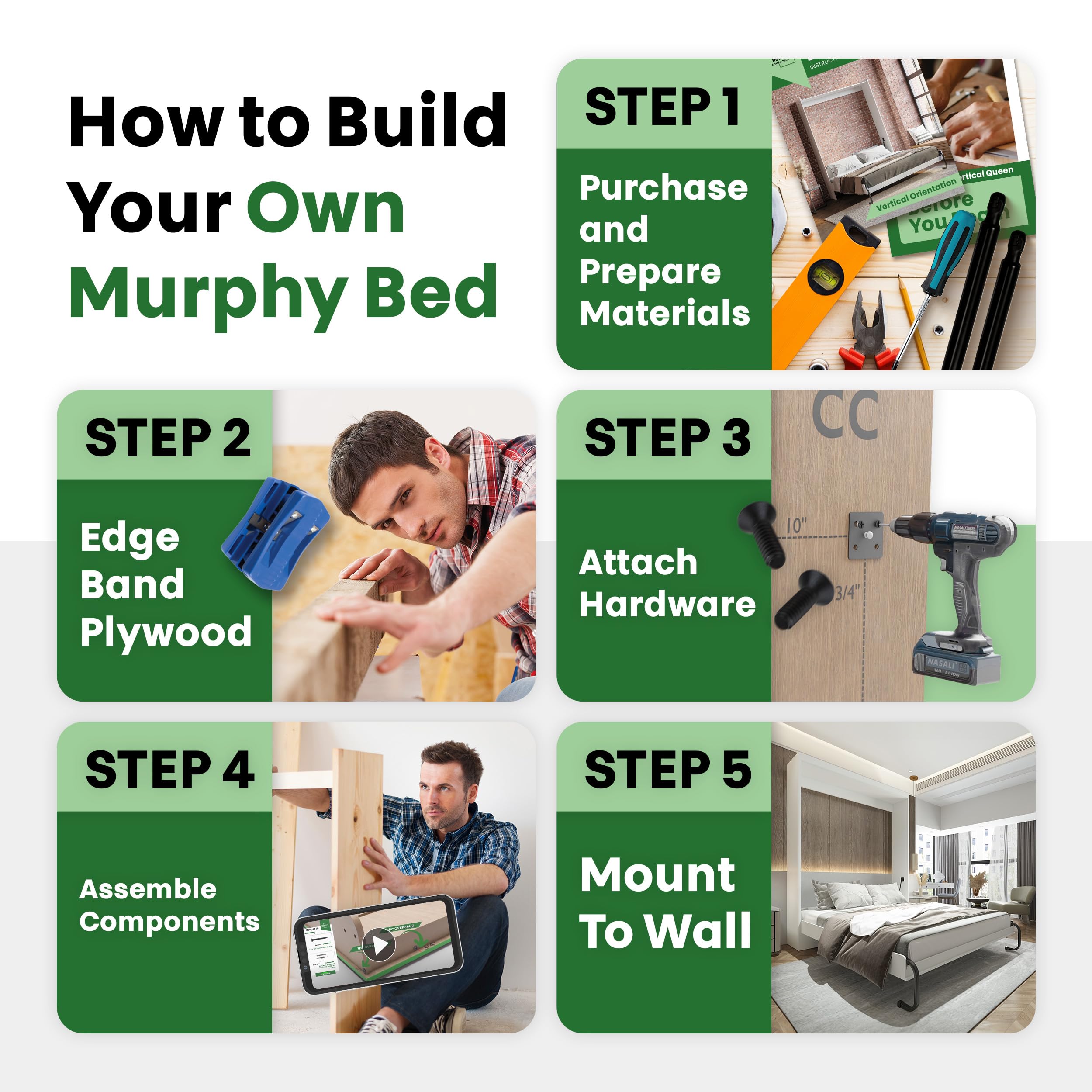 DIY Murphy Bed Kit Queen | Murphy Bed Hardware Kit Queen for Wall Bed, Cabinet Murphy Bed Queen Kit Vertical, Vertical Murphy Bed Queen Frame, Deluxe Murphy Bed Mechanism Kit with Bonus Tools