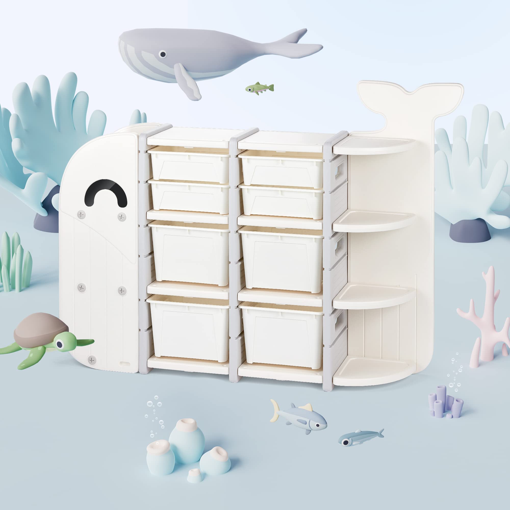 DUKE BABY Kids Large 4 Layer Toy Storage Organizer with 8 Pull-out Storage Bins, Display Bookshelves, Multipurpose Toy Cabinets for Kids Playrooms Bedrooms Age 1-12, Whale Collection White Grey