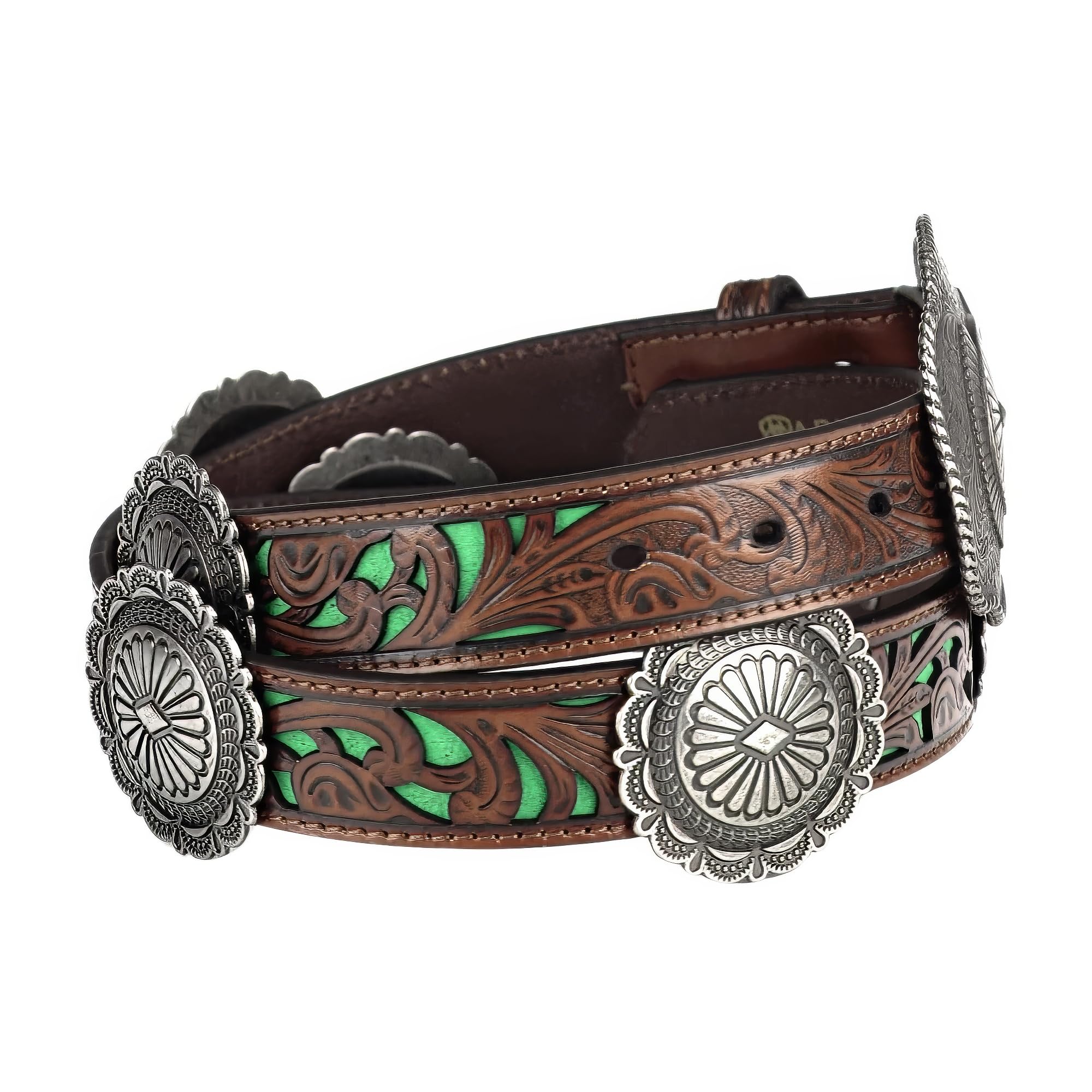 ARIAT Women's Western Belt, Turquoise with Tan Floral Embossed Strap, Silver Conchos, 1-1/4" Width, X-Large (42" Waist)