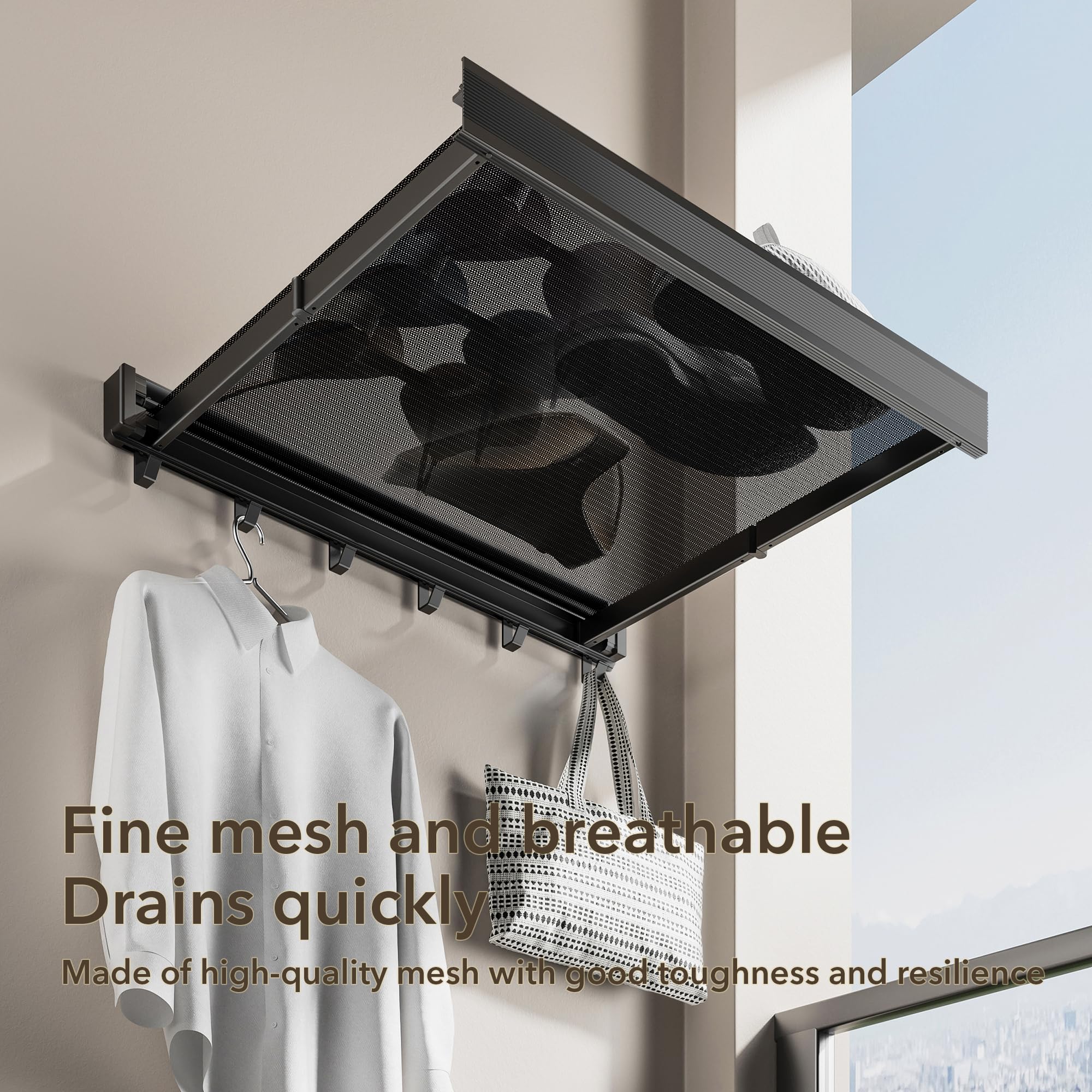 CHAHUANV Retractable Drying Rack with Net,Laundry Drying Rack for Shoes,Socks,Underwear,Wall Mouted Drying Rack with Hooks,Folding,Collapsible Hanger Rack, Gray