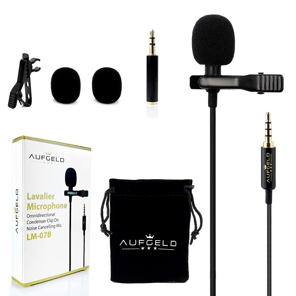 AUFGELD Professional Lavalier Microphone Lapel Mic Omnidirectional Condenser Compatible with iPhone Android Windows Cellphones Clip On Interview Video Voice Podcast Noise Cancelling Mic Vlogger