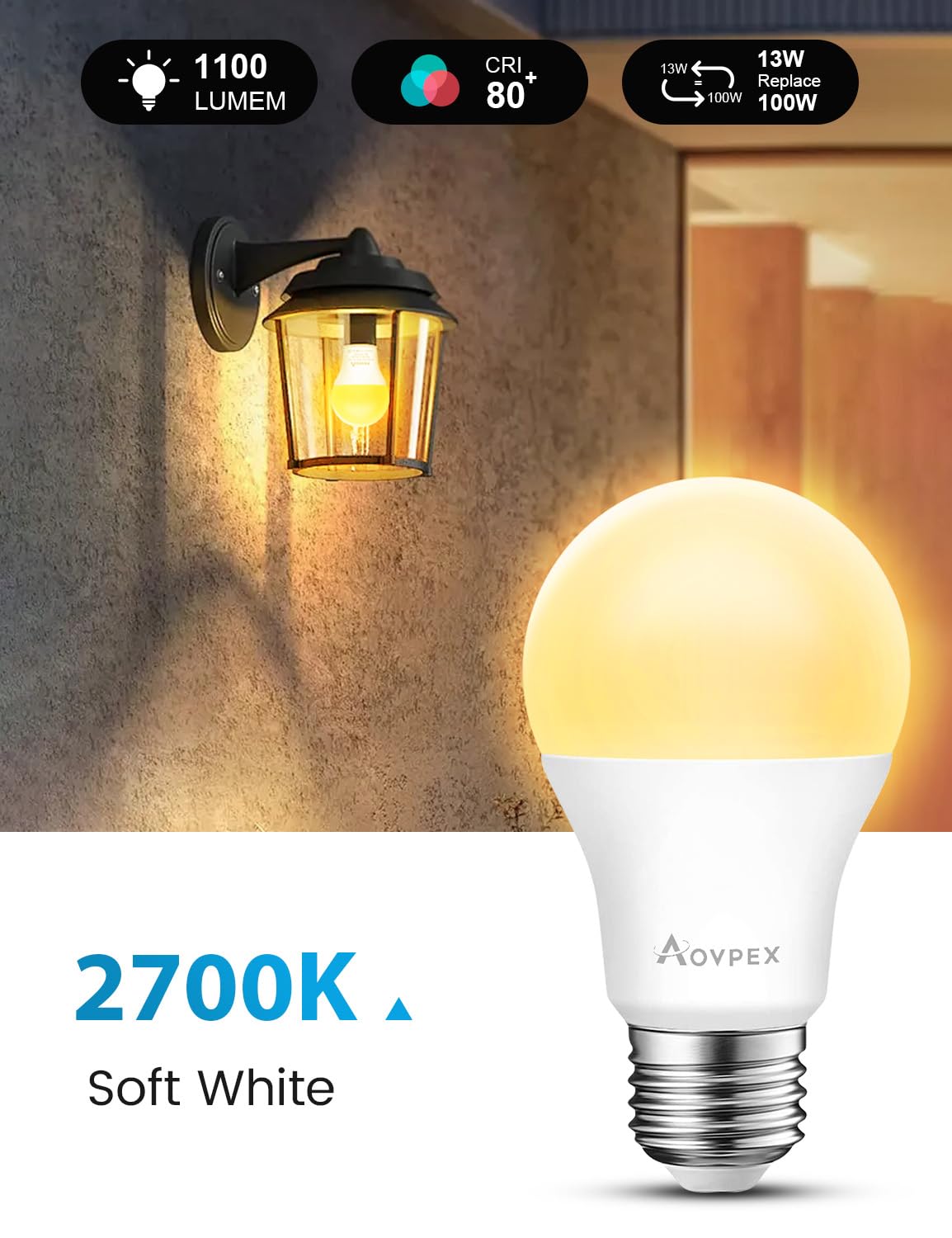 Aovpex Dusk to Dawn LED Outdoor Light Bulbs, 13W 1100LM(100W Equivalent), A19 Sensor LED Bulb, E26 2700K Soft White Day Night Bulbs, Auto ON/Off, Sensor Lighting for Porch Garage Front Door, 4 Pack