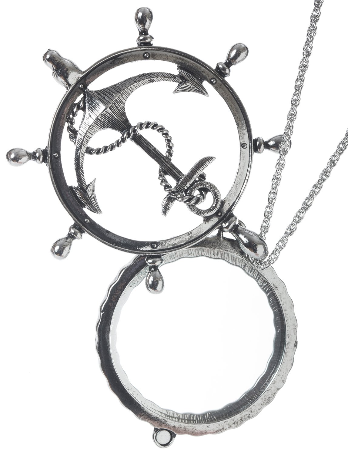 Anchor Nautical Wheel 4X Magnifier Magnifying Glass Pendant Necklace, 30"