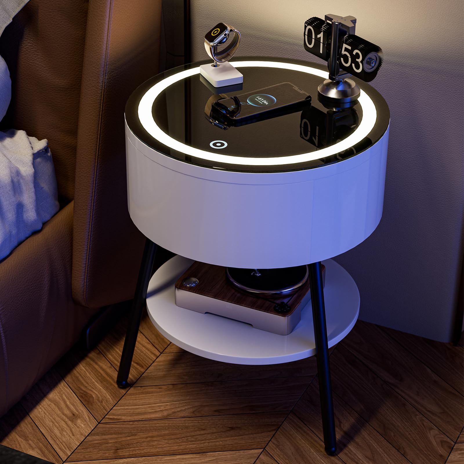 AOVSA Modern LED End Table Nightstands with USB Ports and Wireless Charging, Side Table with Storage Drawer Cabinet and 3-Color Temperature LED Lights for Living Room Bedroom-White