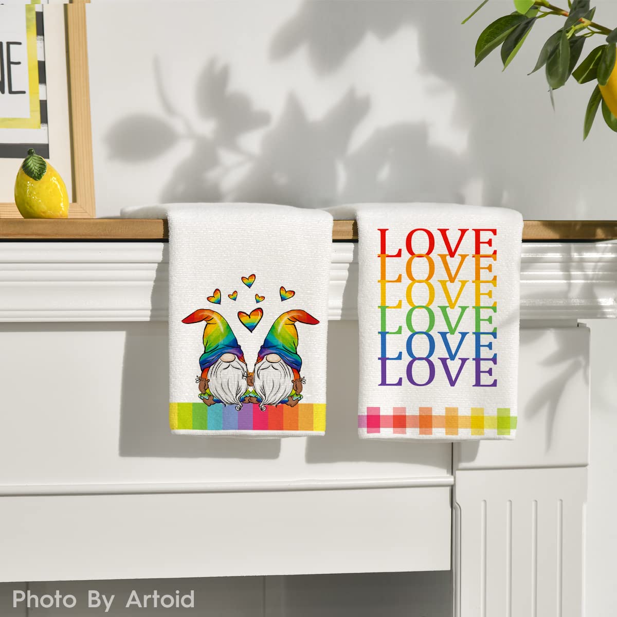Artoid Mode Love Heart Gnomes LGBT Home Kitchen Dish Towels, 18 x 26 Inch Ultra Absorbent Coffee Tea Bar Hand Towels Bathroom Gift for Cooking Baking Set of 2