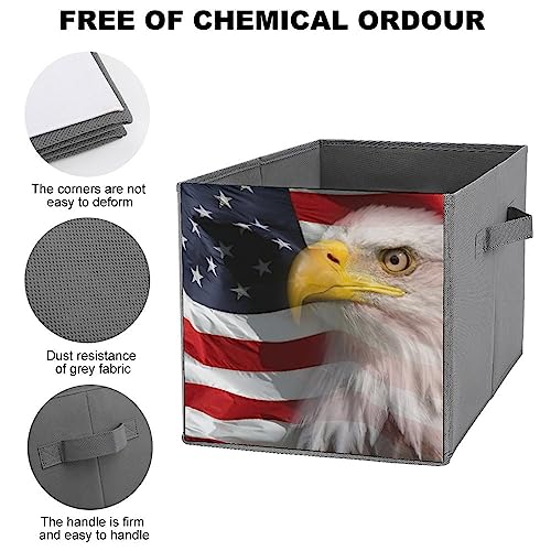 American Bald Eagle USA Flag Storage Cubes with Handles Foldable Fabric Bins Organizing Baskets for Shelves Closet