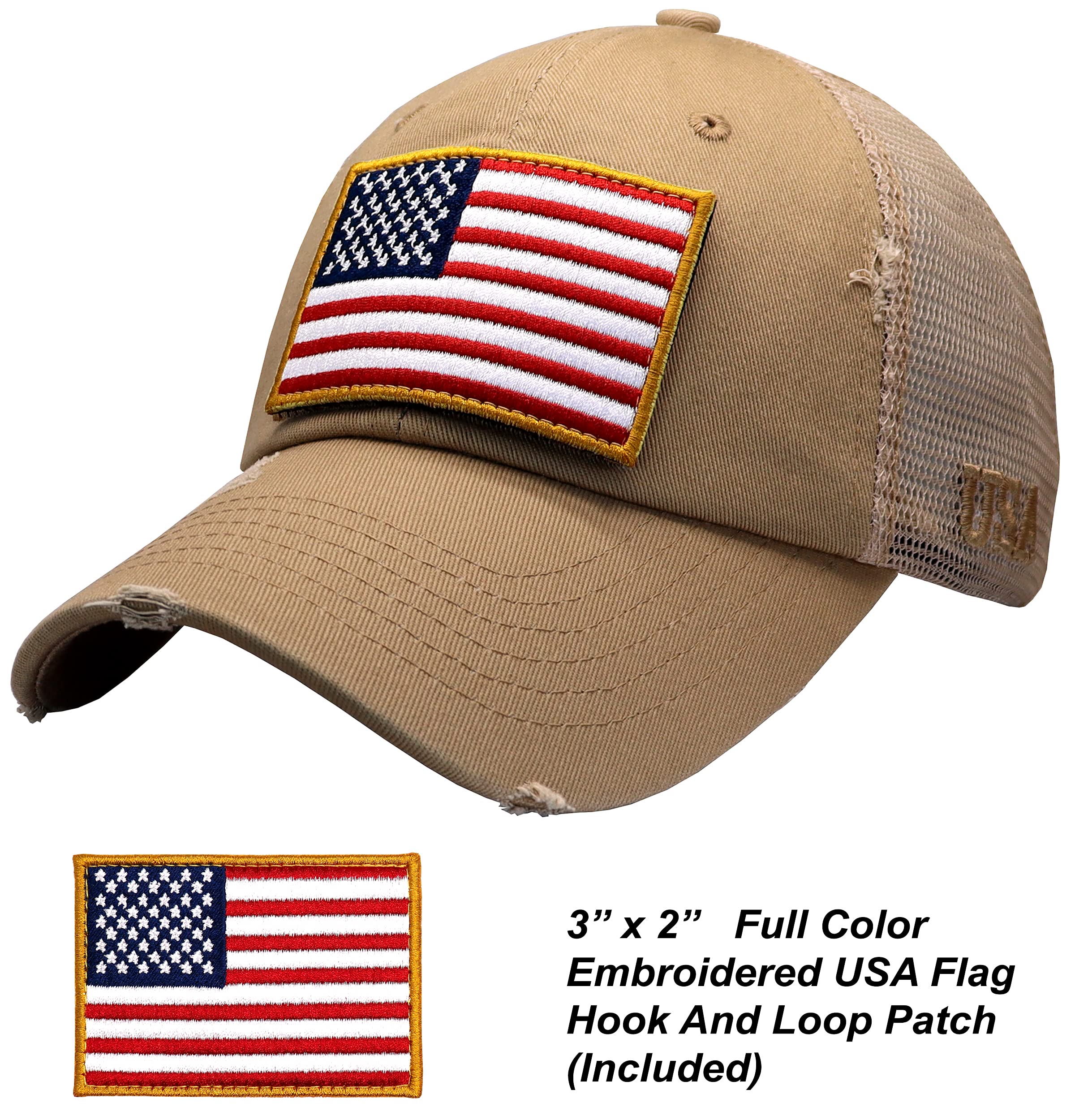 Antourage American Flag Unconstructed Hat for Men and Women Twill Mesh Snapback Baseball USA Flag Cap + 2 Patriotic Patches ((10) Khaki Distressed Mesh Snapback)