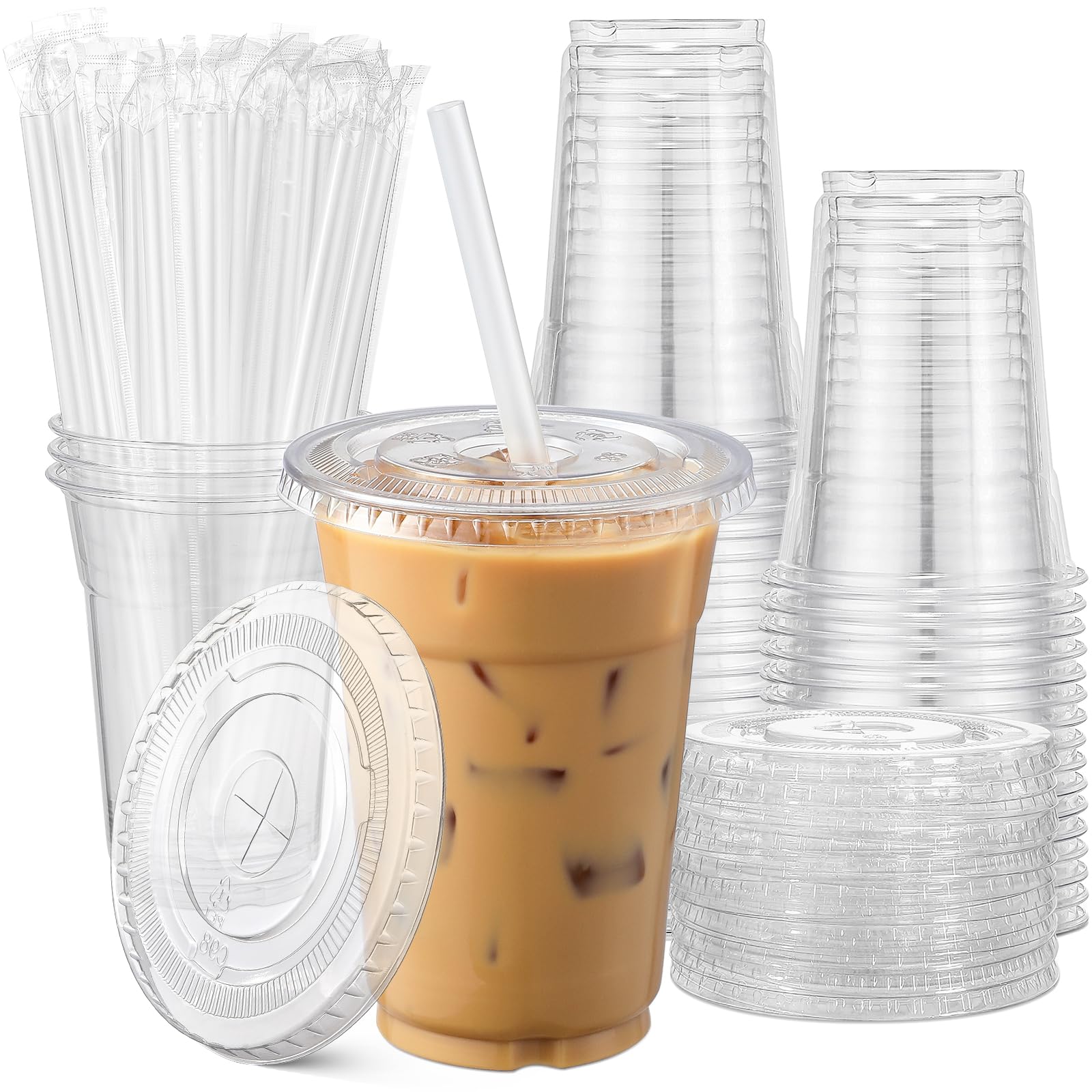 AOZITA [100 Sets] 10 oz Clear Plastic Cups With Lids and Straws, Disposable Cups With Lids for Iced Coffee, Smoothie, Milkshake and Cold Drinks