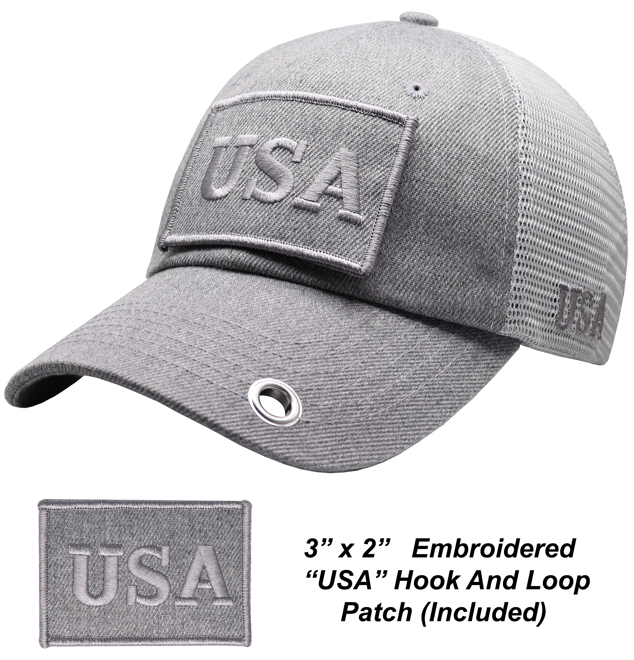 Antourage American Flag Unconstructed Hat for Men and Women Twill Mesh Snapback Baseball USA Flag Cap + 2 Patriotic Patches ((52) Grey Classic Mesh Snapback with Keyhole)