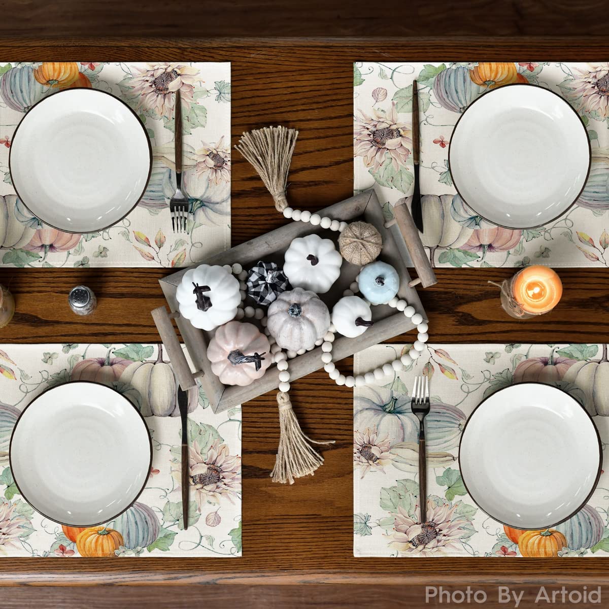 Artoid Mode Pumpkins Leaves Floral Fall Placemats Set of 4, 12x18 Inch Seasonal Autumn Thanksgiving Table Mats for Party Kitchen Dining Decoration