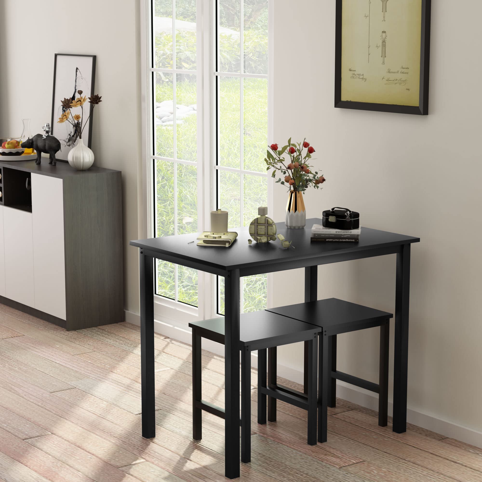 AWQM 3 Piece Dining Table Set, Small Kitchen Table and 2 Stools, Kitchen Breakfast Dining Table Set, Breakfast Table of 35.43 x 23.62 x 29.92 inches, Stools of 13.8 x 13.8 x 17.8 inches, Black