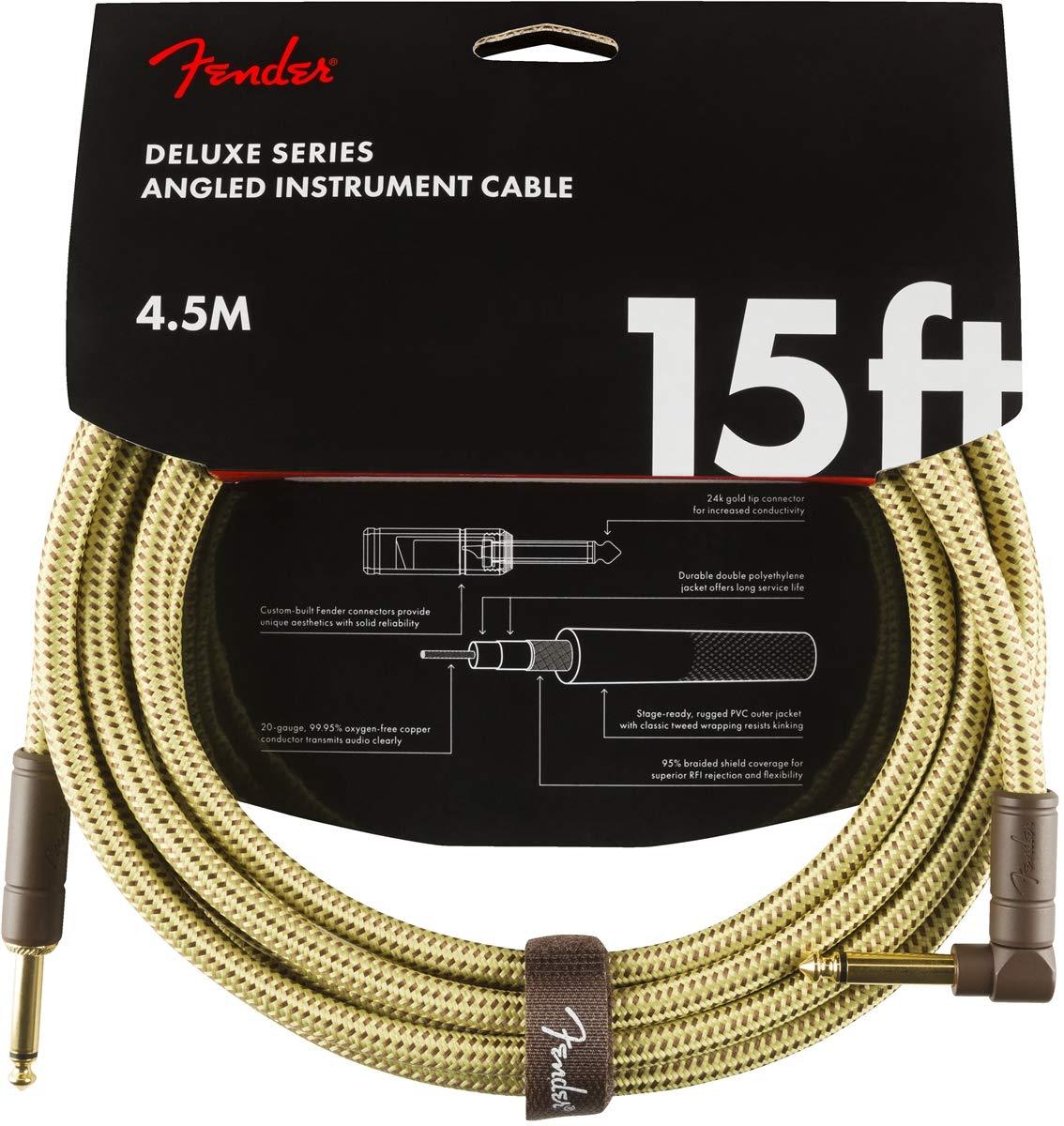 Fender Deluxe Series Instrument Cables, Straight/Angle, Black Tweed and Tweed, 15ft