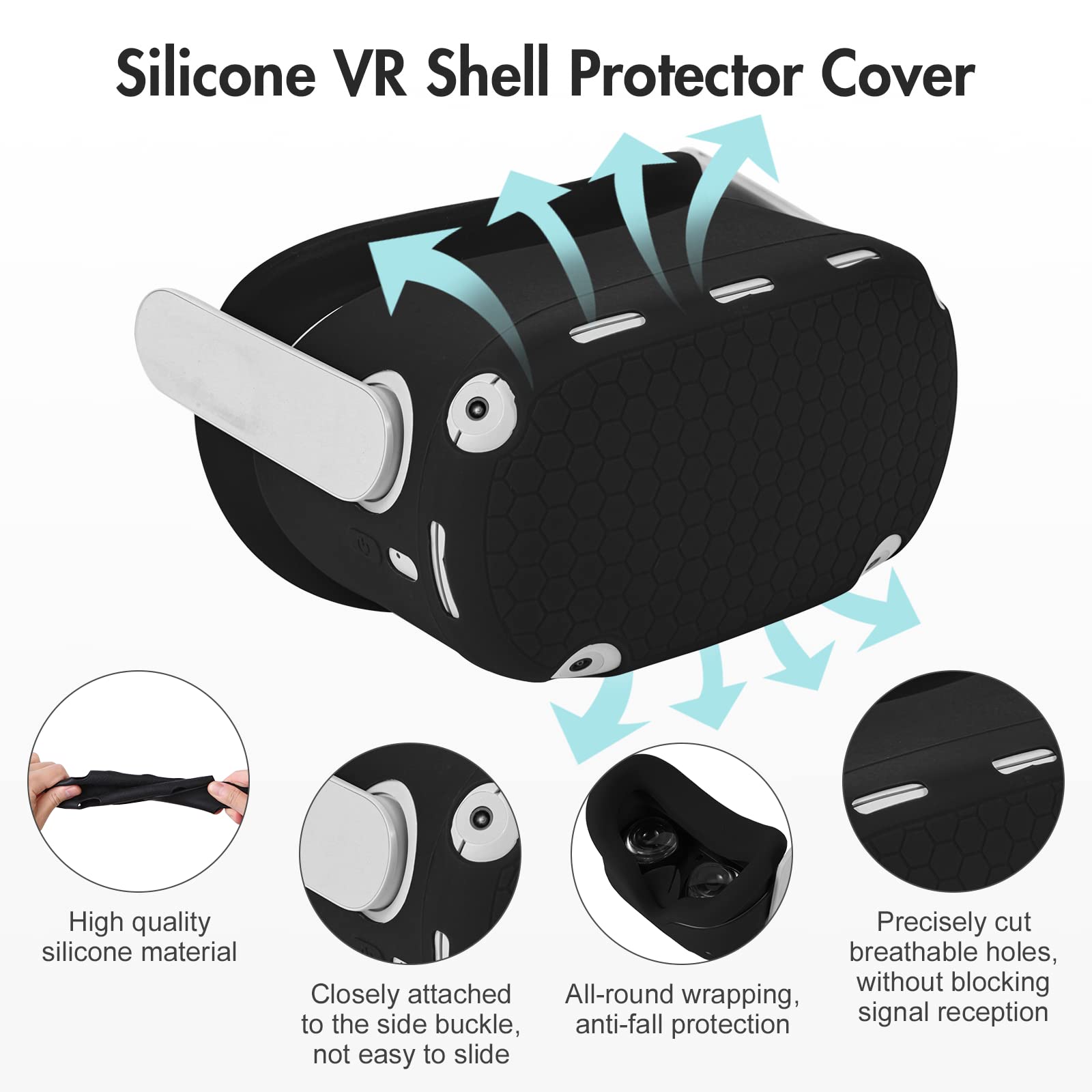 AMLINK VR Silicone Cover Accessories for Oculus Quest 2, VR Shell Cover Protective, Silicone Face Cover, Adjustable Strap Controller Grip Cover and Remote Sensing Rod Cap(Black)