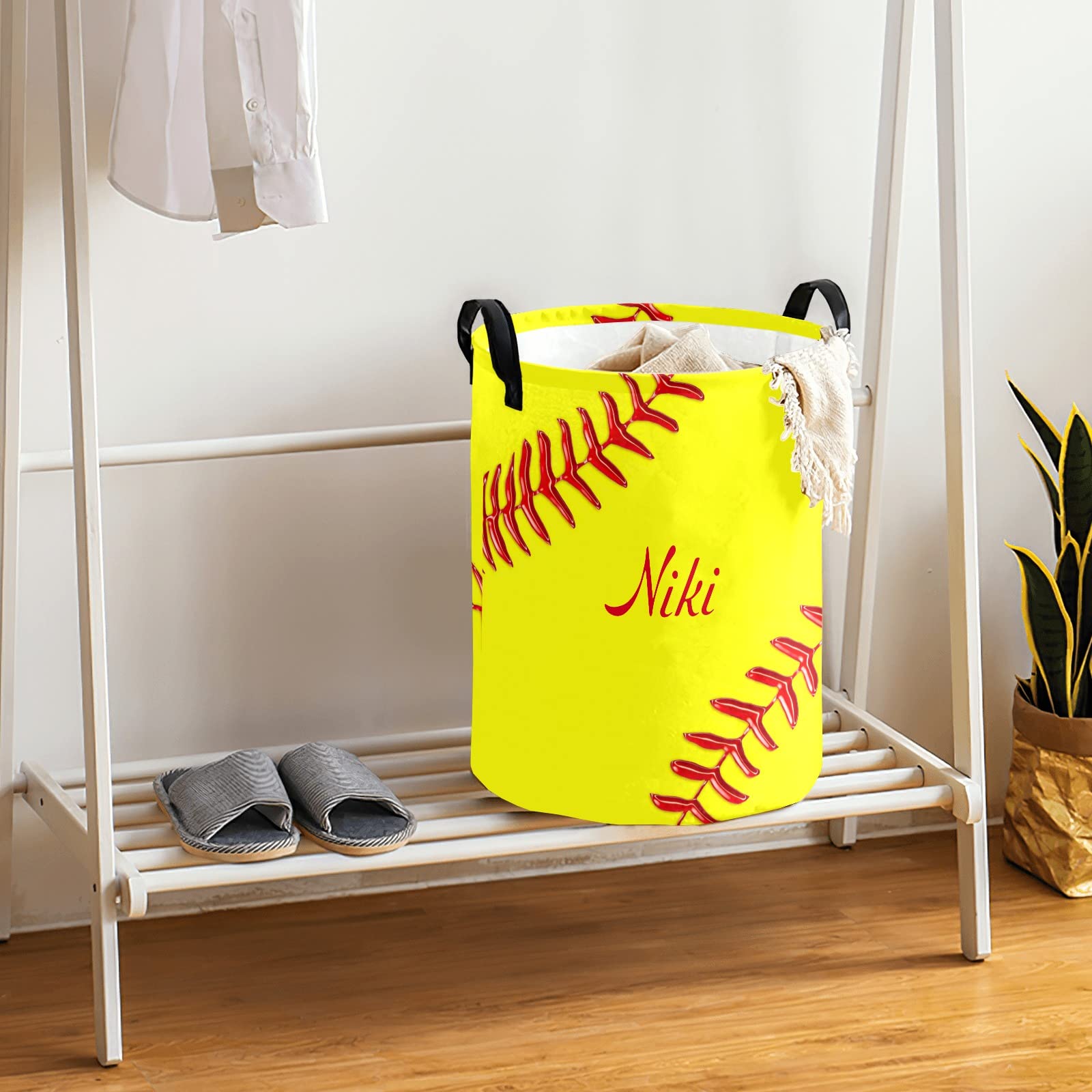 BigBigift Softball Laundry Hamper Personalized with Name Canvas Waterproof Storage Bin with Handle for Kids Nursery Hamper Gift Baskets Home Organizer, 19.6x14 inch (HxD)