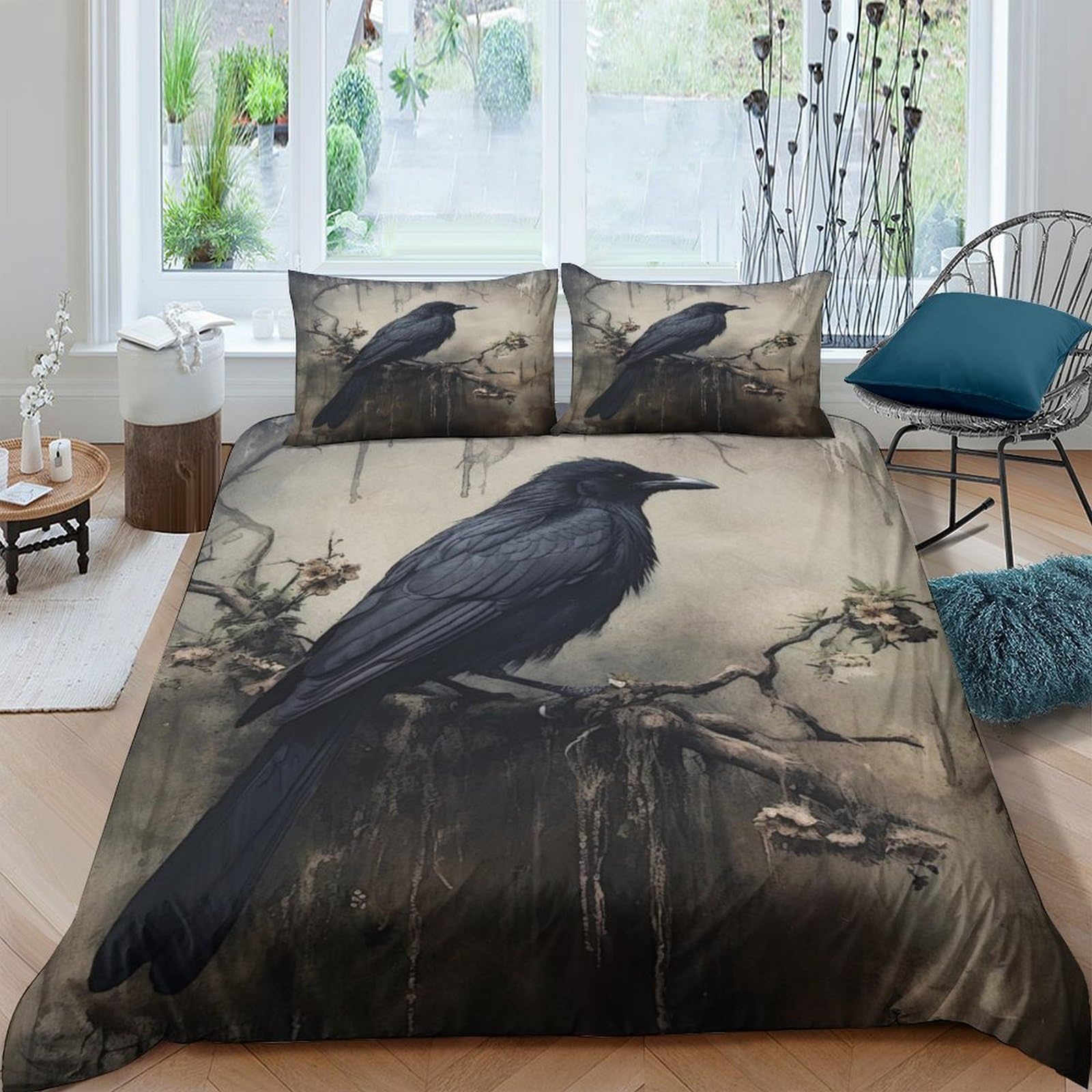 BUKISA 3D Printed Raven Comforter Cover Set for Kids Child Girls Boys Bedroom Textile Suit Skin-Friendly Crows Bedding Set Breathable Twin(173x218cm) Duvet Quilt with Pillowcases