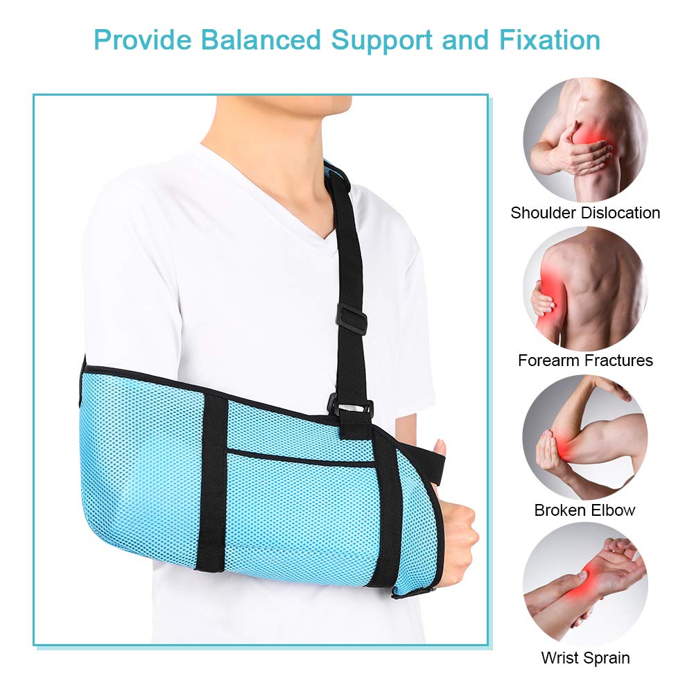 Arm Sling with Waist Belt, Blue Shoulder Support Sling, Adjustable Shoulder Immobilizer for Broken and Fractured Bones, Rotator Cuff, Arm, Shoulder Injury Support for Left and Right Arm