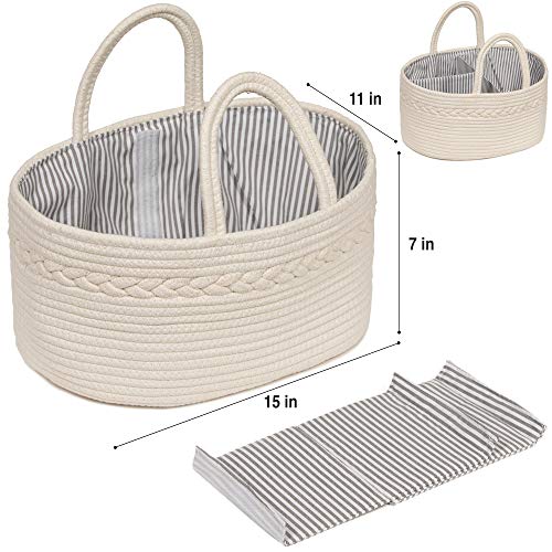 Baby Diaper Caddy Organizer 100% Cotton Canvas Stylish Rope Nursery Storage Bin Large Portable Tote Bag & Car Organizer with Removable Inserts Top Baby Gift Basket and Bonus Diaper Changing Pad
