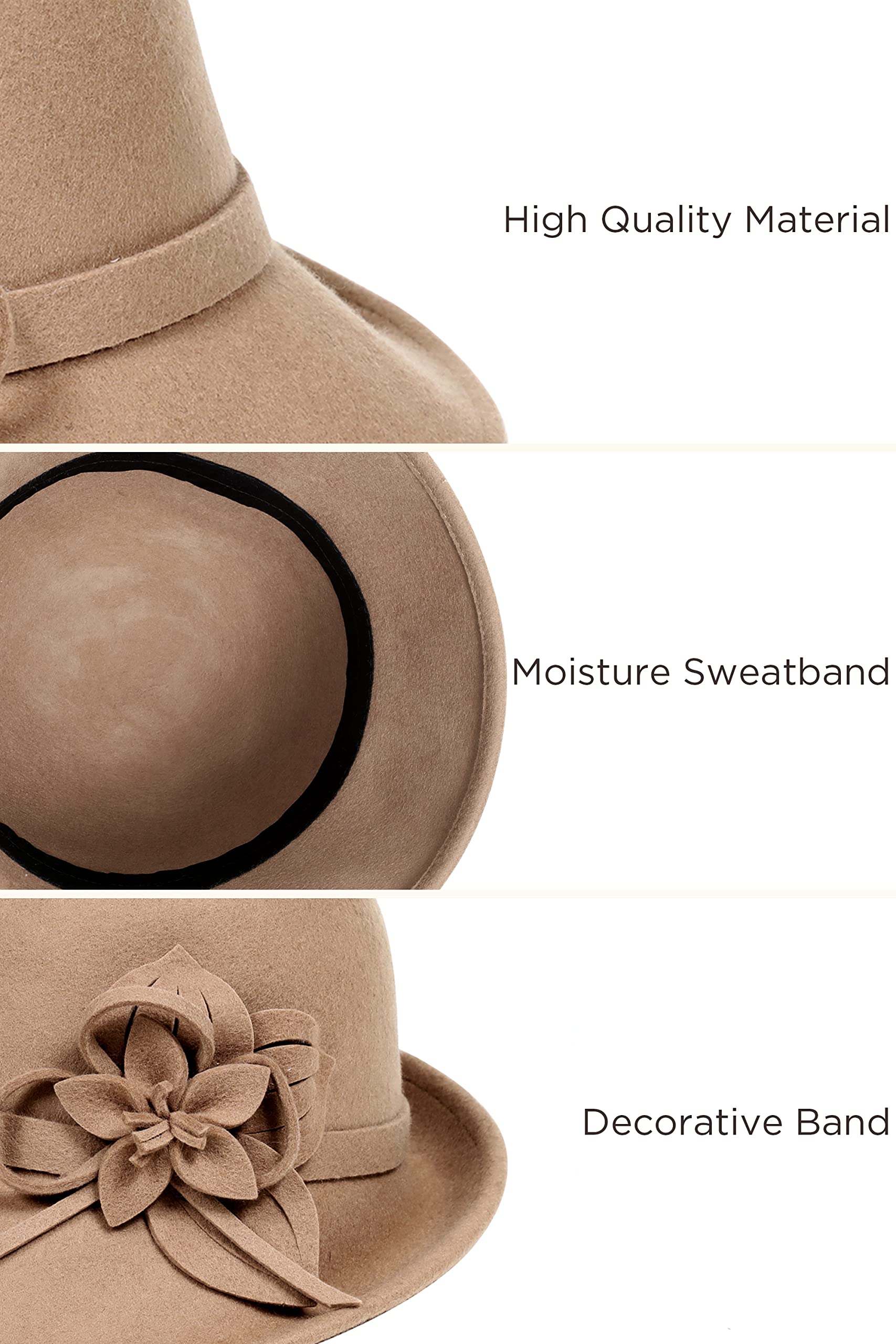BABEYOND Womens 1920s Bucket Hat Winter Wool Crushable Bowler Hat Vintage Cloche Round Hat with Floral Accent (Camel)