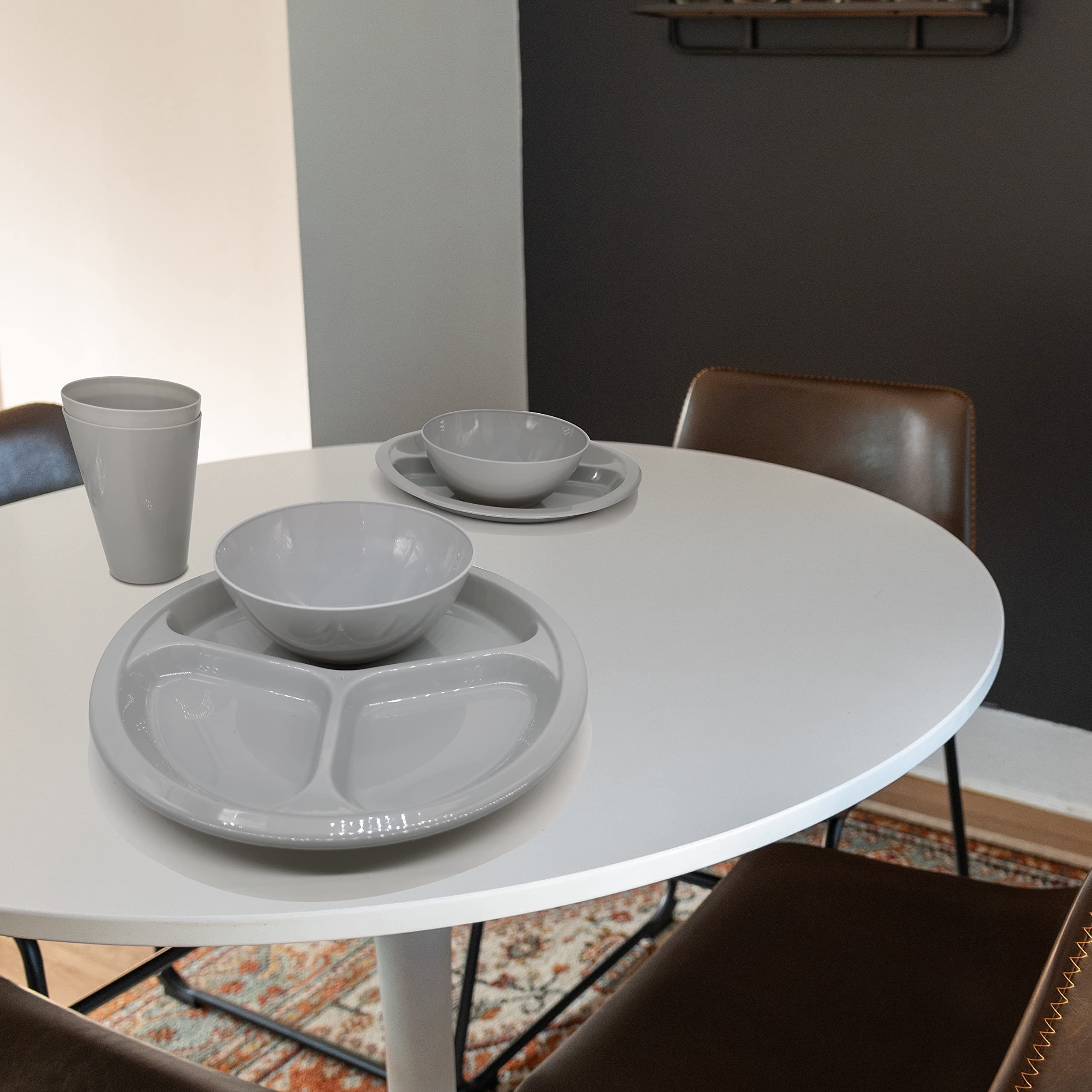 Apartment Essentials for First Apartment Dorm room Essentials Plastic Divided Plates Set Reusable Dishes Set for 4 Microwave Safe Camping Plates Cups and Bowls Set, BPA-Free, 24PCS