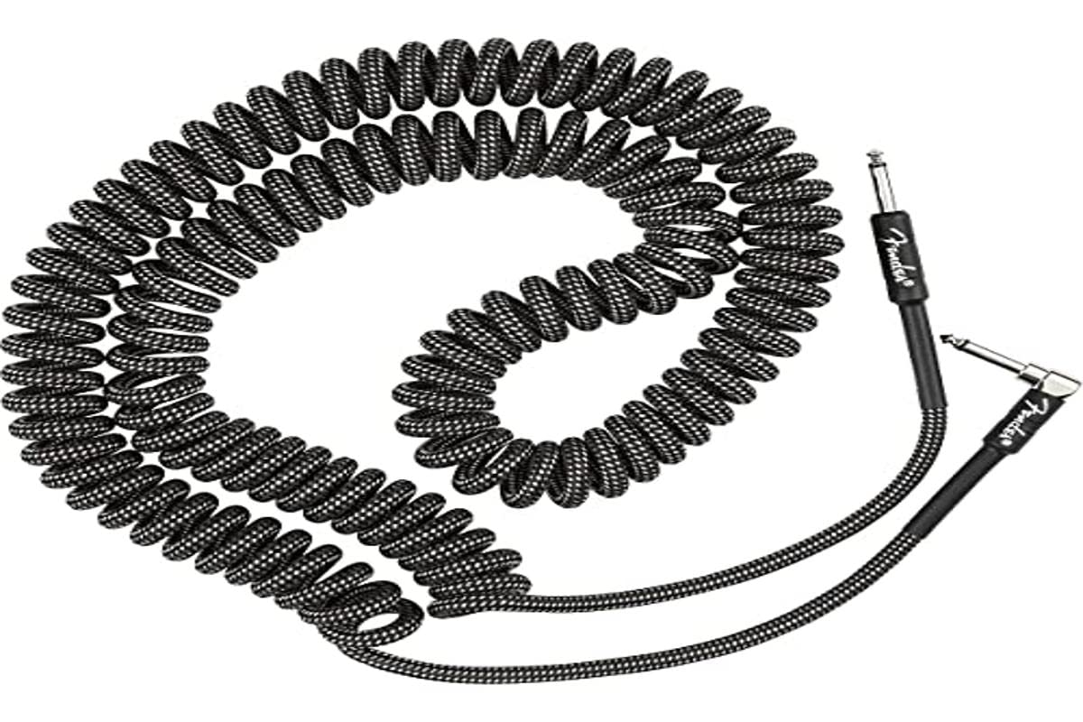Fender Professional Series Tweed Coiled Instrument Cable, Guitar Cable, Stocking Stuffers, Guitar Accessories, Straight/Angle, Gray, 30ft