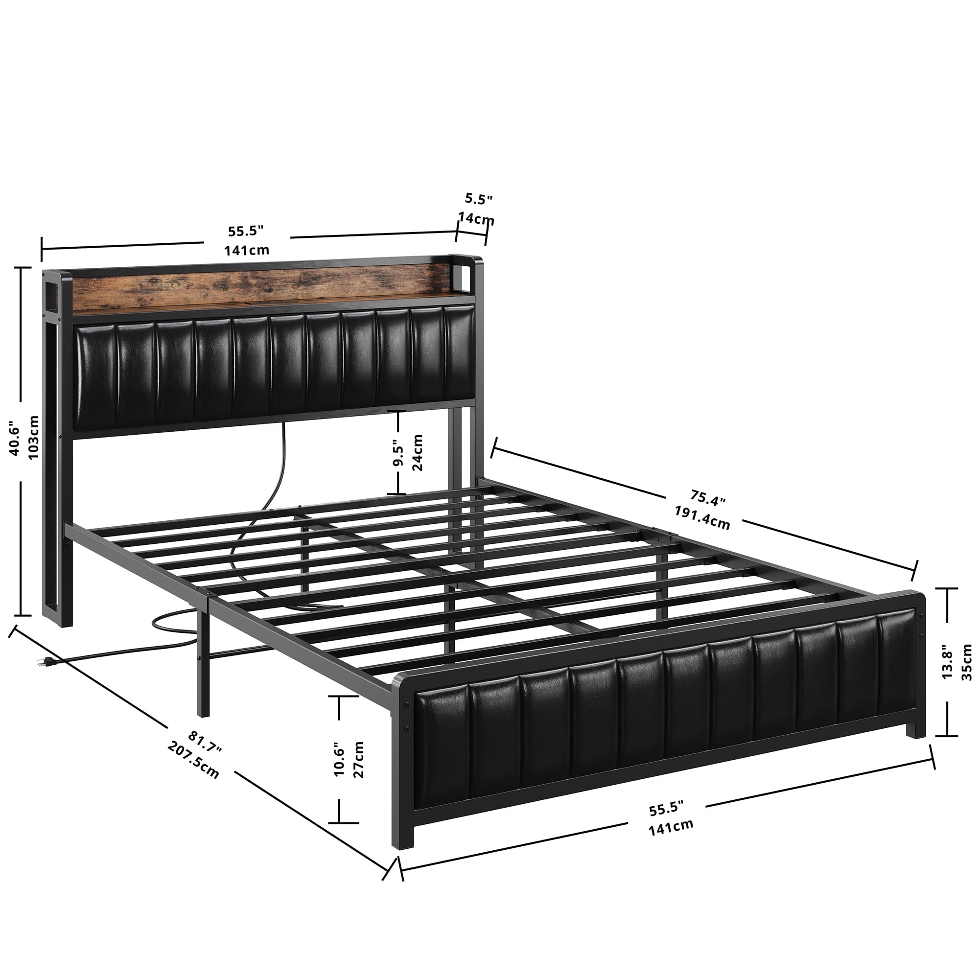 ANCTOR Queen Bed Frame with Storage Headboard & Footboard, Upholstered Platform Bed with USB Ports & Outlets, Strong Steel Slats Support Mattress Foundation, No Box Spring Needed