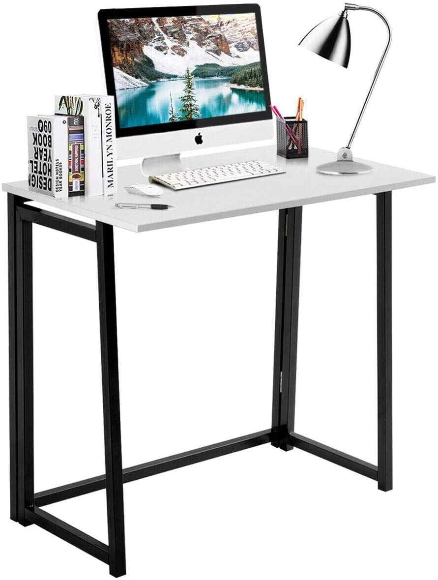 ARLIME Foldable Computer Desk, Home Office Study Laptop Table Workstation Writing Desk, Compact Study Reading Table for Small Space Bedroom, Vintage Metal Frame No Assembly Folding Desk (White)