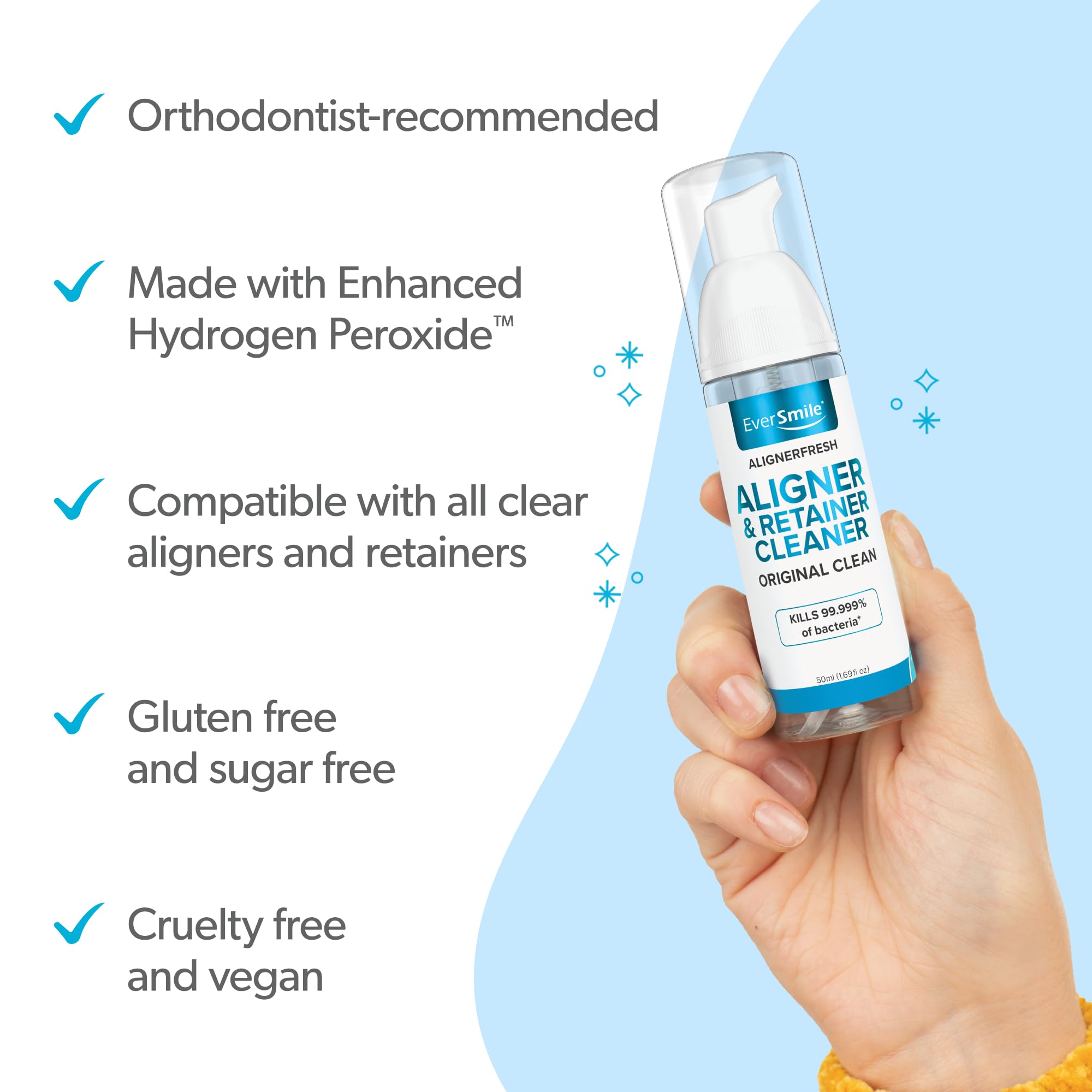 EverSmile AlignerFresh Original Clean Foam – Cleaner Compatible w/Invisalign and All Clear Aligners & Retainers – Eliminates Bacteria, Whitens Teeth, Fights Bad Breath – 50ml (2 Pack)
