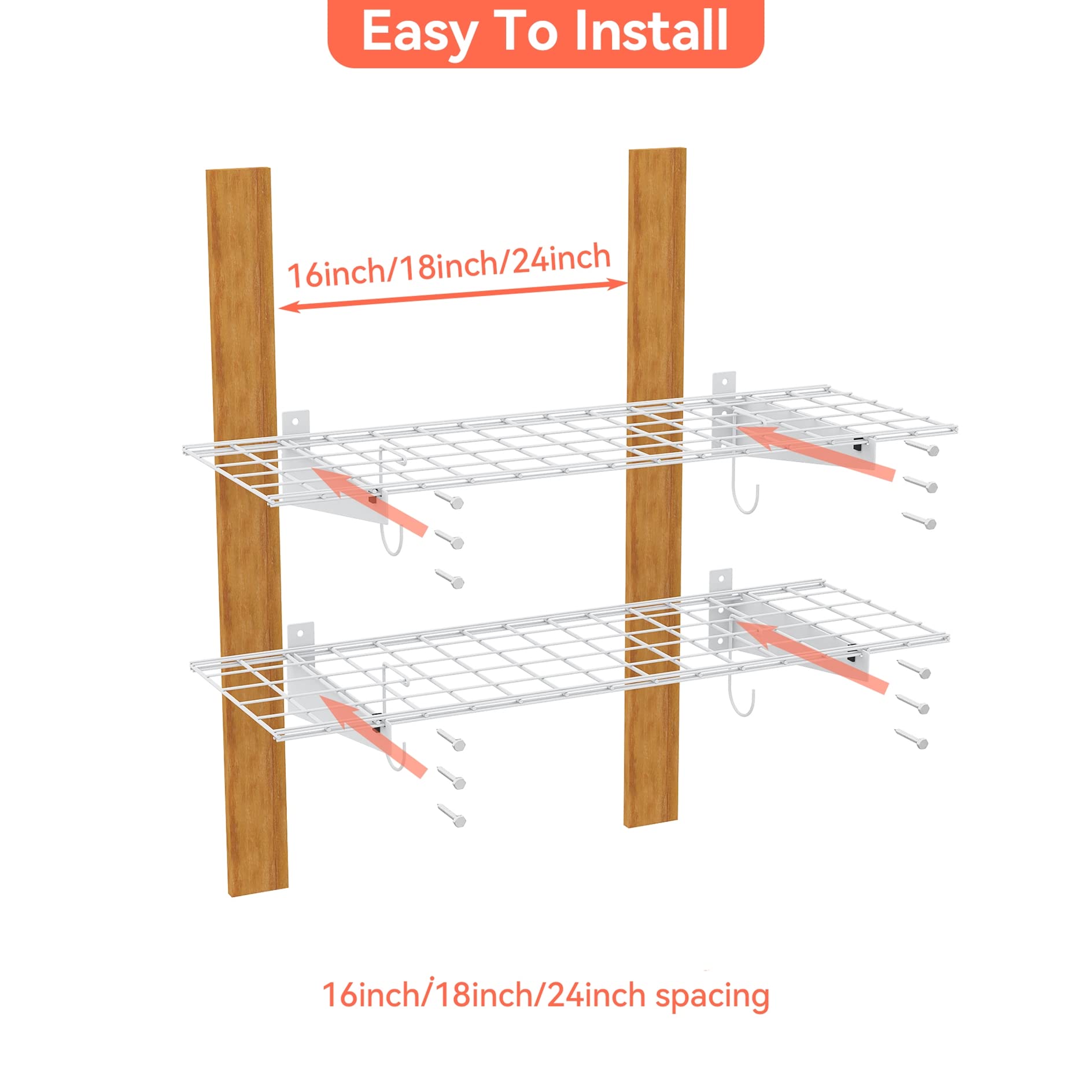 TORACK 2 Pack Garage Storage System Shelves, 15" x 45" Wall Mounted Wire Shelves for Storage Heavy Duty Garage Wall Shelving(Pack of 2, White)