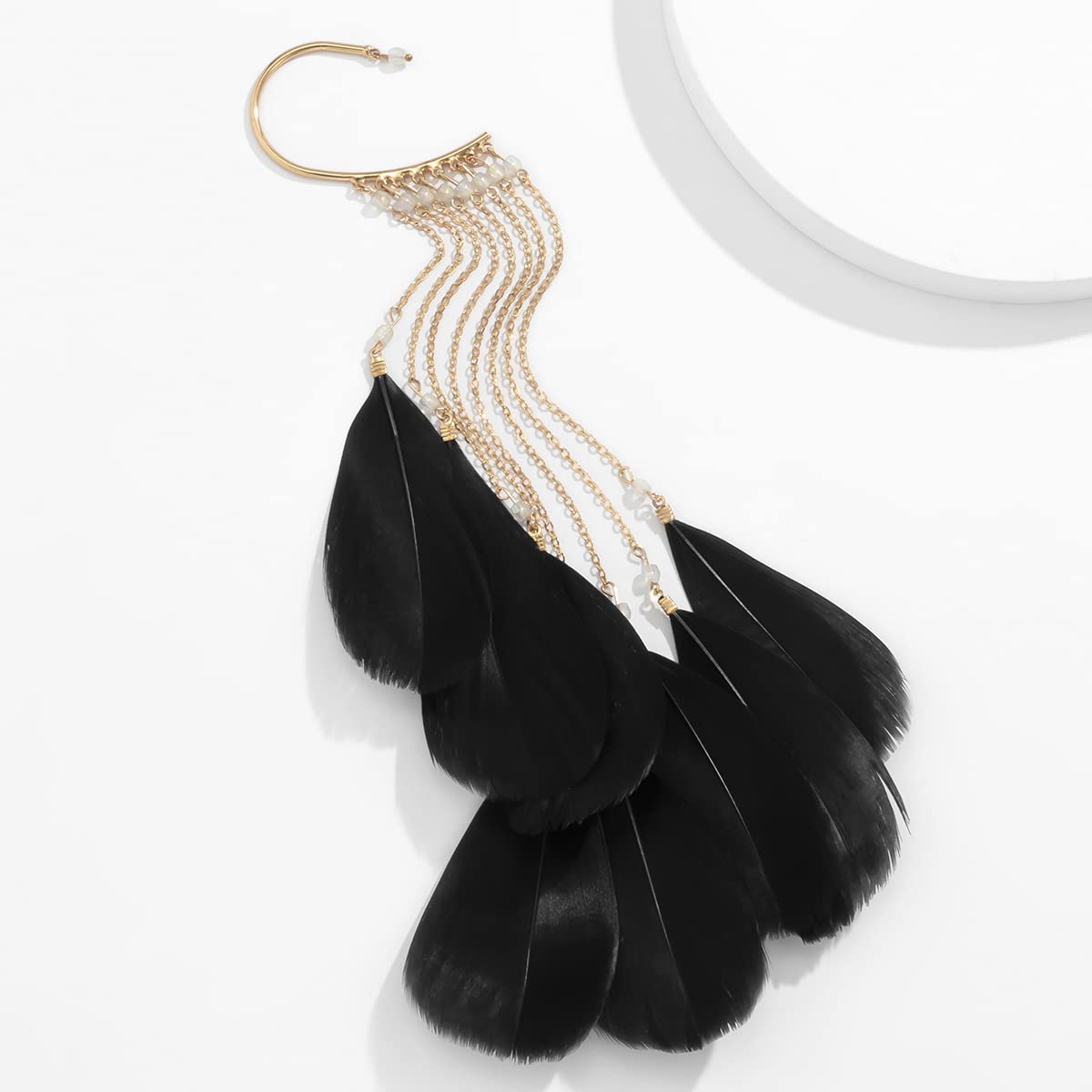 Asphire Bohemian Long Tassel Feather Ear Cuff 1pcs Non-Piercing Feather Fringe Earring Elegant Exaggerated Chandelier Ear Wrap for Women Ball Beach Party Statement Jewelry (Black)