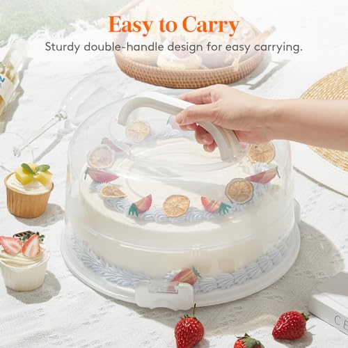 Lifewit Cake Carrier with Lid and Handle, Two Sided Cupcake Carrier Holder for 10β Cake or 9 Standard-Sized Cupcakes, Plastic Round Cake Transport Storage Container Stand for Pies and Cookies, White